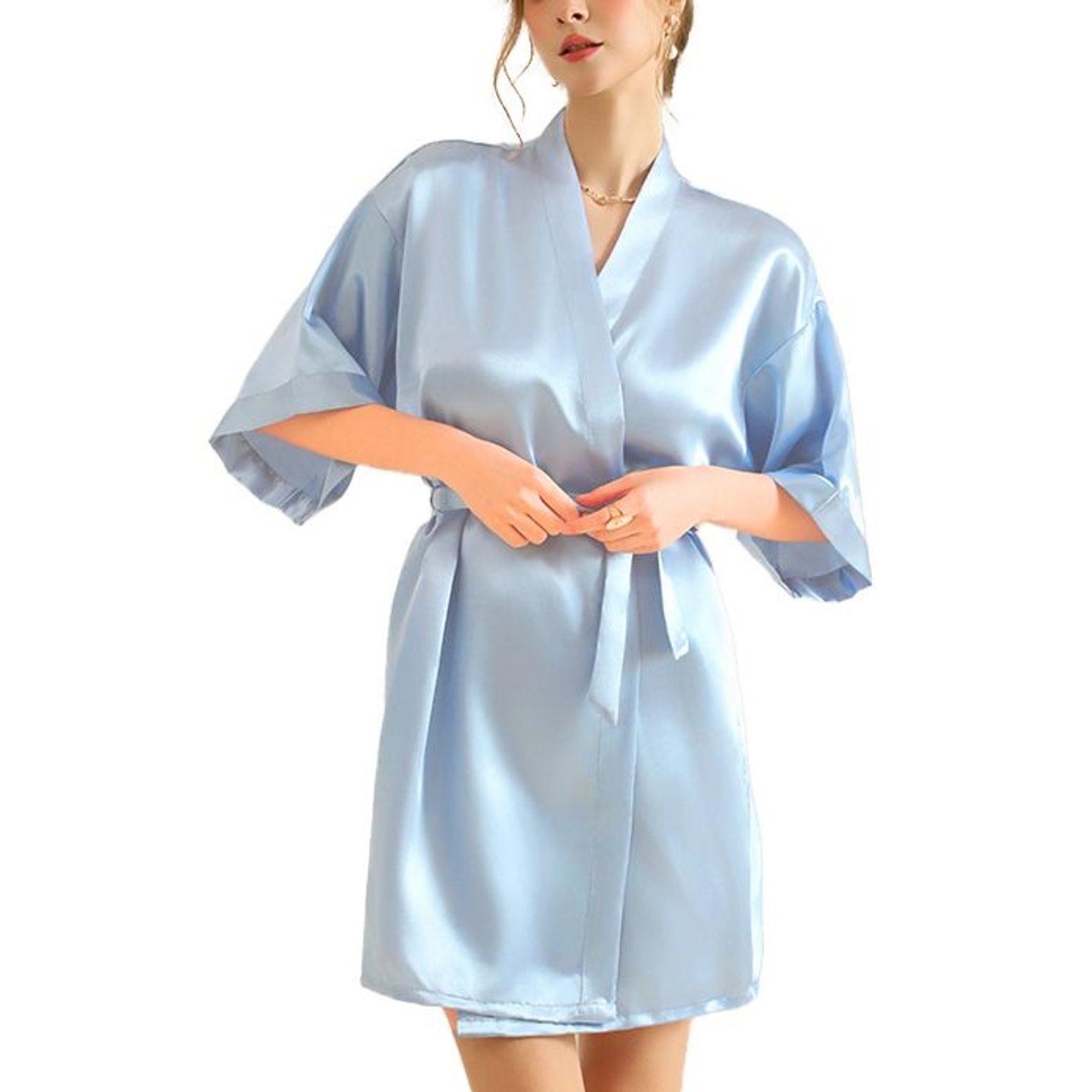 Defitshape Women's Short Sleeves Bath Robe Billowy Satin Bathrobe Belt ...