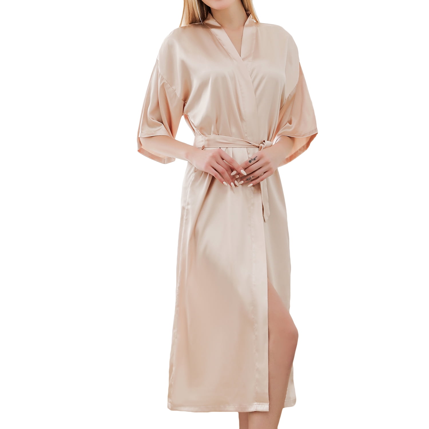 Defitshape Women's Silk Robe Lightweight Short Sleeve Knee Length Satin ...