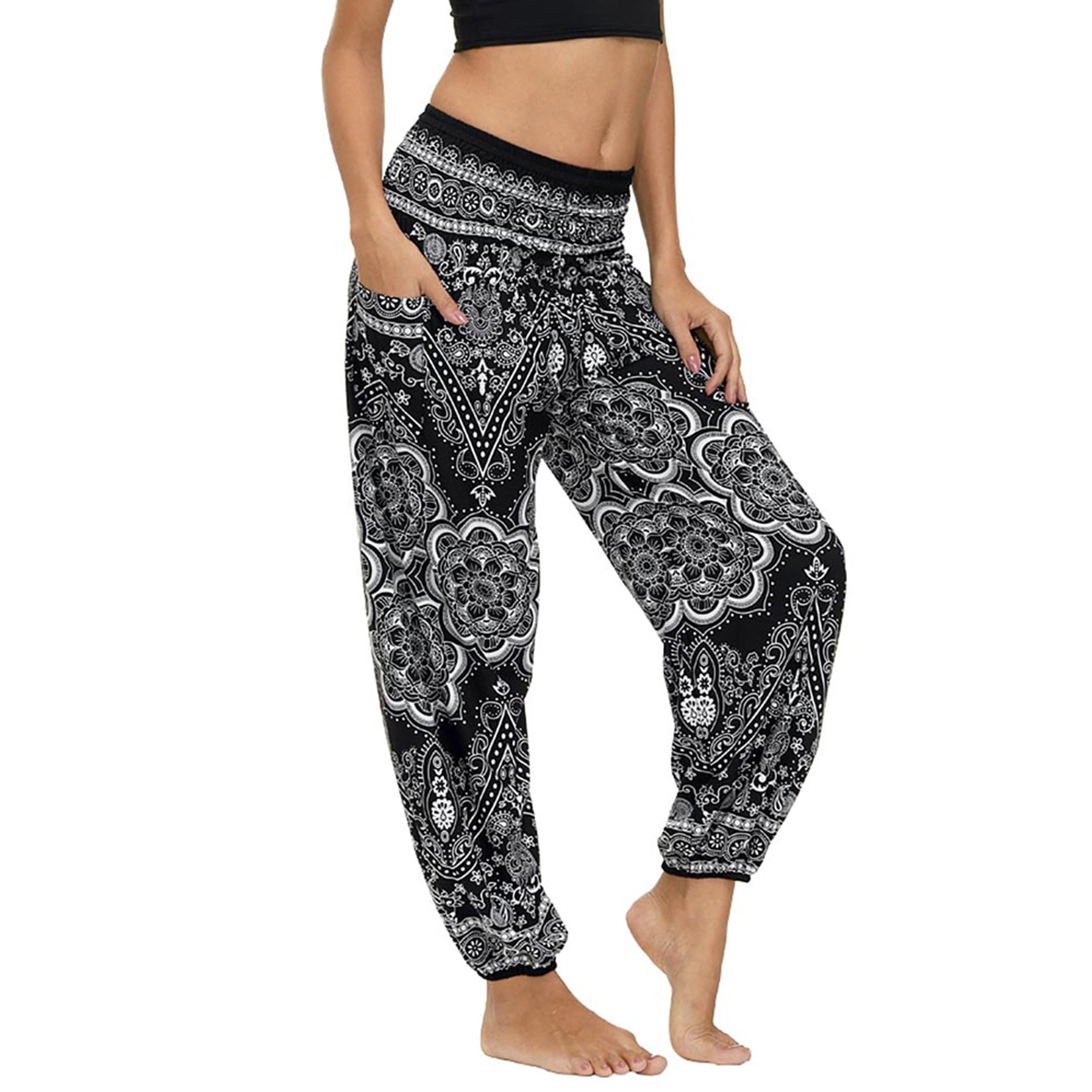 Defitshape Women's Smocked Waist Genie Pants with Pocket Harem Boho ...