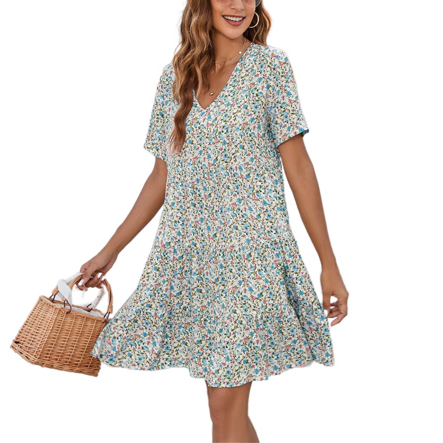 Defitshape Women's Summer Beach Floral Sundress Midi Dress V Neck Short ...