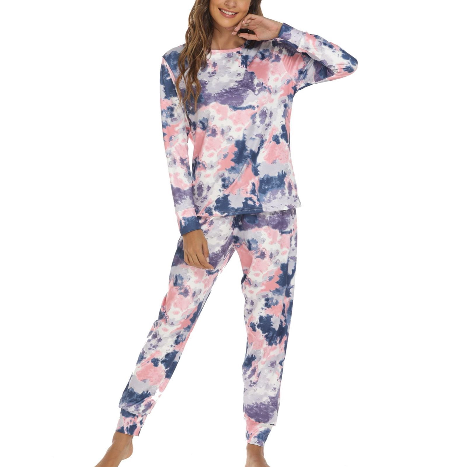 Defitshape Women's Tie Dye 2 Piece Pajama Set Soft Long Sleeve Long ...