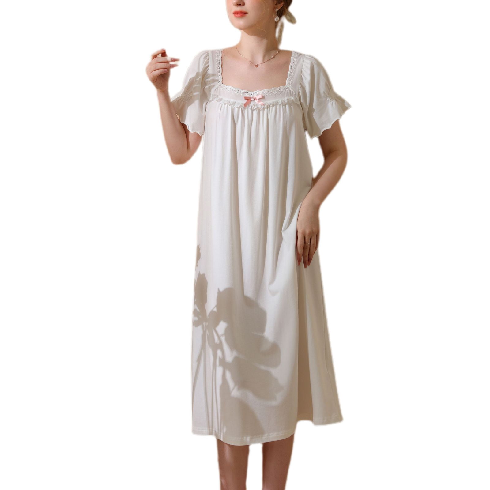 Defitshape Women's Victorian Nightgown Cotton Short Sleeve Long Sleep ...
