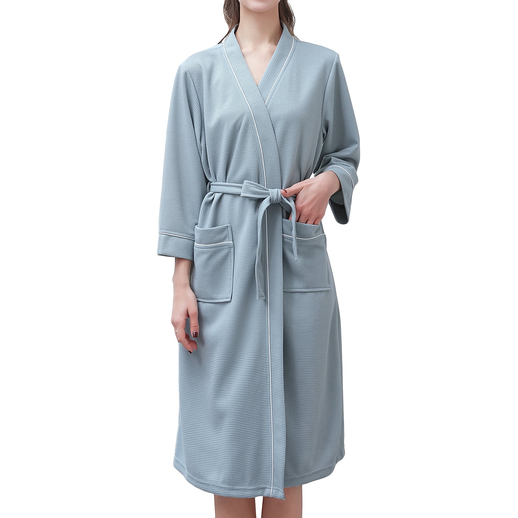 Defitshape Women's Waffle Robe Lightweight 3/4 Sleeve Solid Plain Belt ...