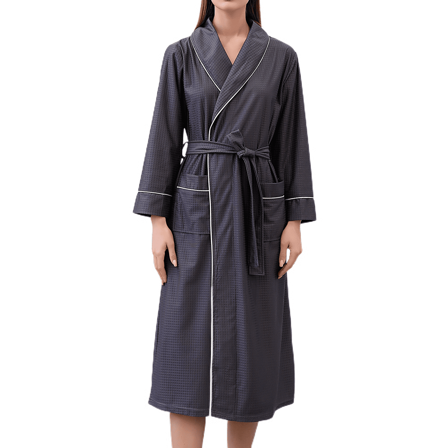 Defitshape Women's Waffle Robe SPA Long Bathrobe Soft Shawl Collar Knee ...