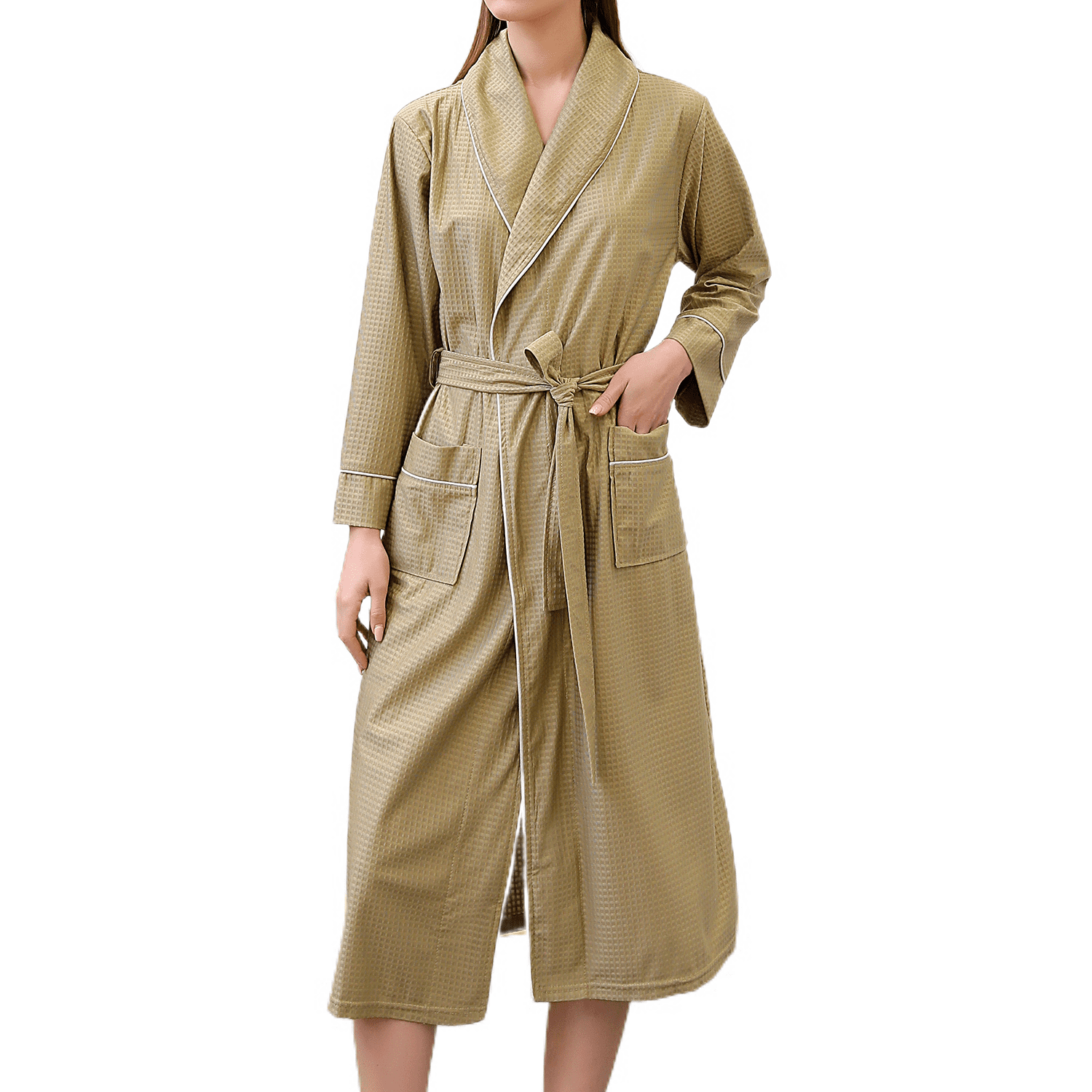 Defitshape Women's Waffle Robe SPA Long Bathrobe Soft Shawl Collar Knee ...