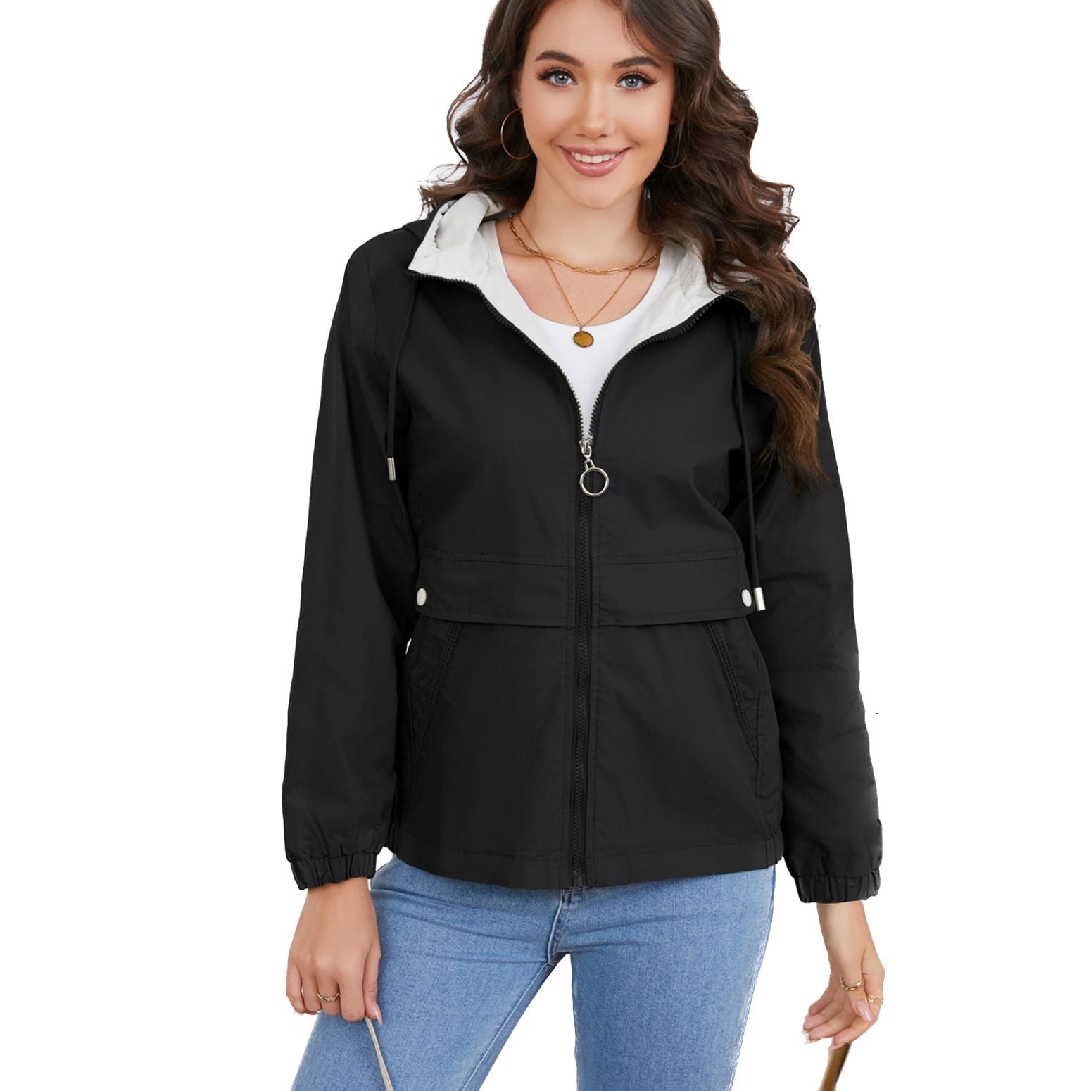Defitshape Women's Waterproof Raincoat Slim Fit Spring Fall Top ...