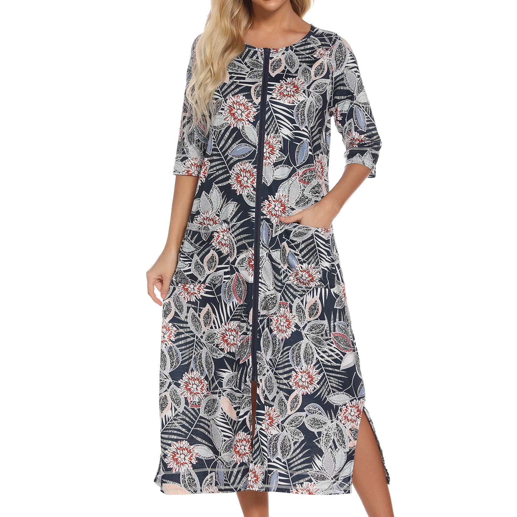 Defitshape Women's Zip Up Bathrobe Half Sleeve Long House Coat Full ...