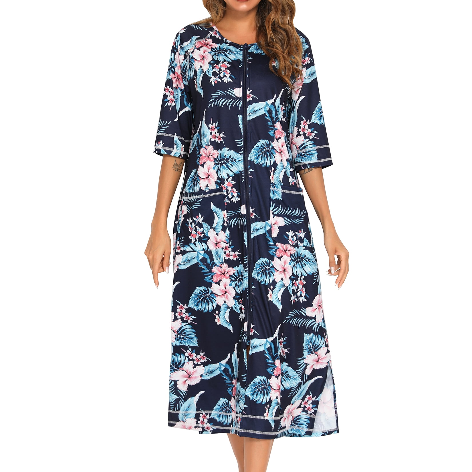 Defitshape Women's Zip Up Bathrobe Half Sleeve Long House Coat Full ...