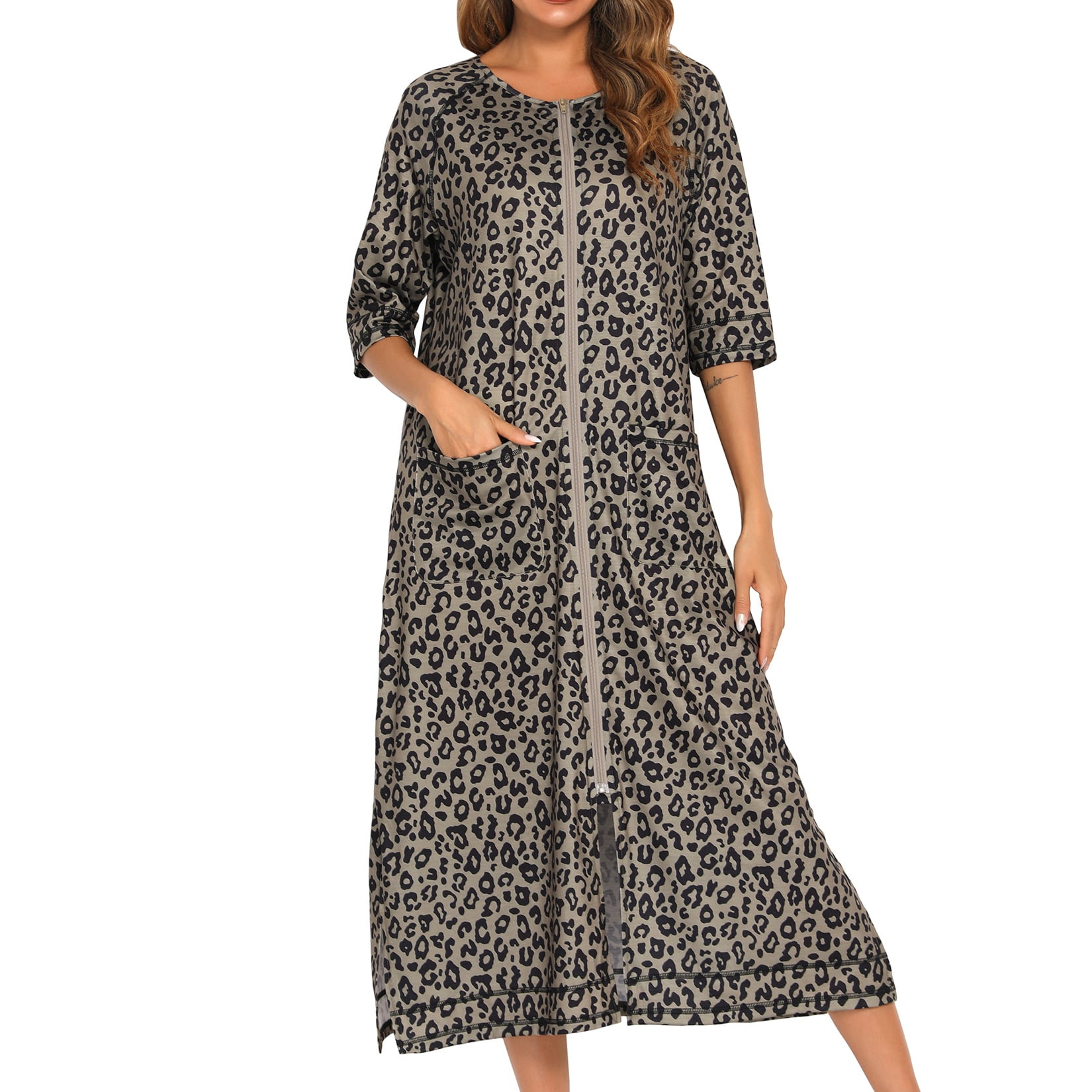 Defitshape Women's Zip Up Bathrobe Half Sleeve Long House Coat Full ...