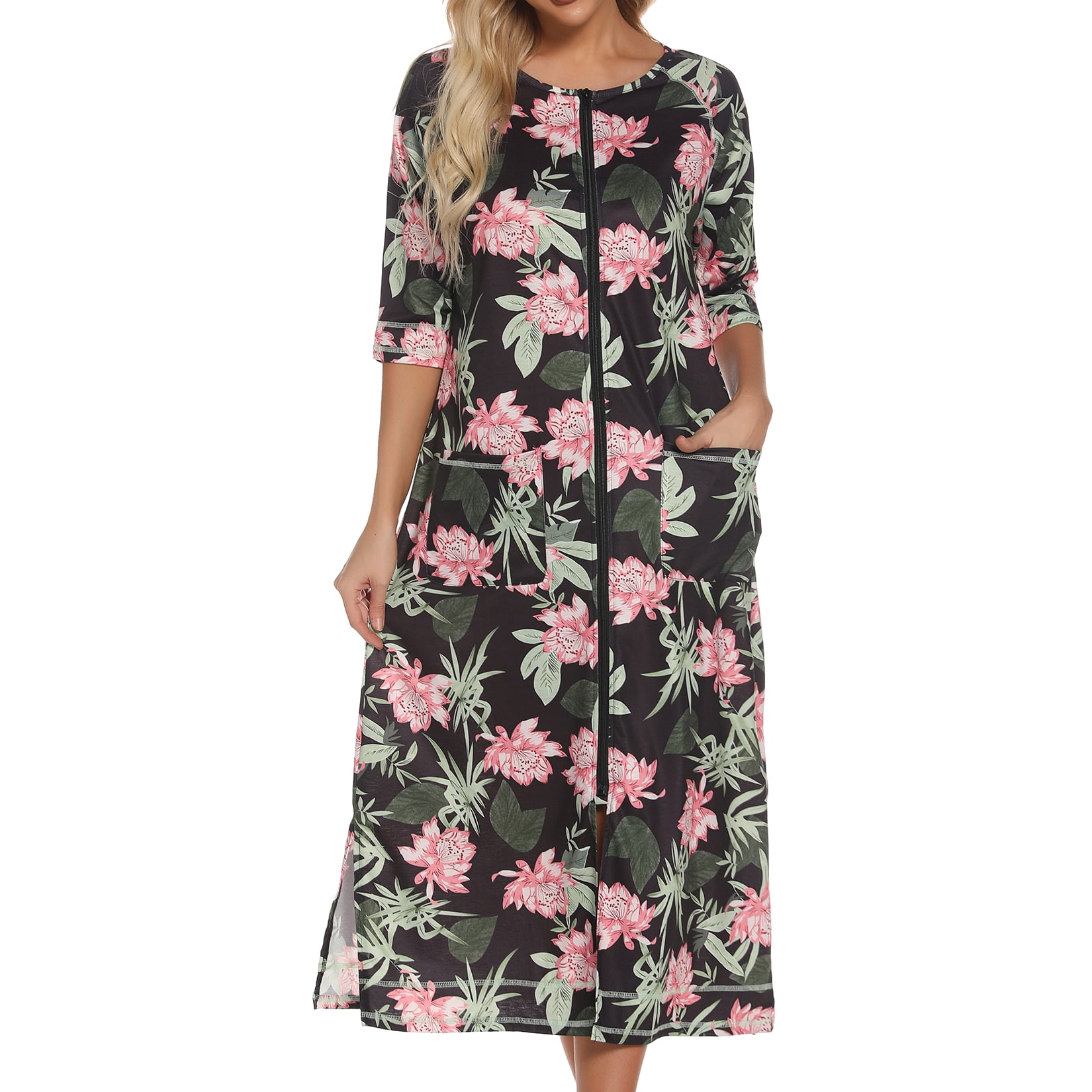 Defitshape Women's Zip Up Bathrobe Half Sleeve Long House Coat Full ...