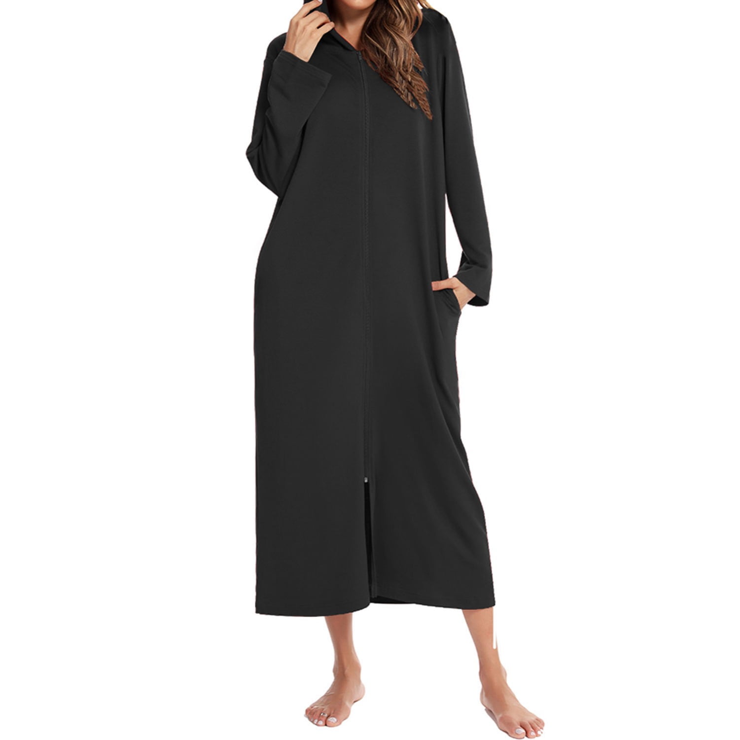 Defitshape Women's Zip Up Hoodie House Coat Long Robe Pocket Long ...