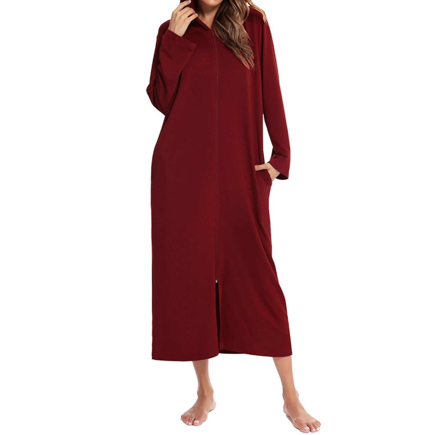 Defitshape Women's Zip Up Hoodie House Coat Long Robe Pocket Long ...
