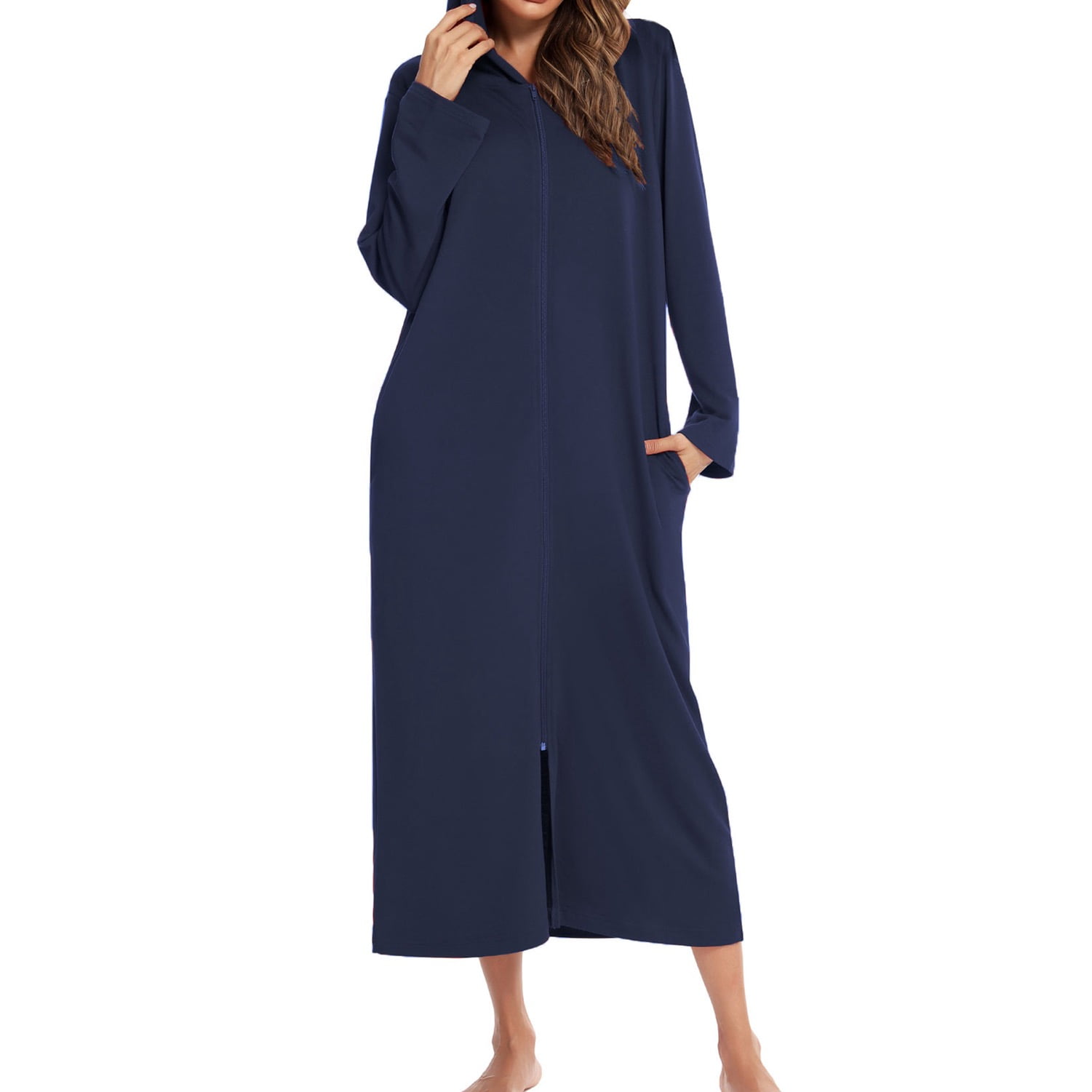 Defitshape Women's Zip Up Hoodie House Coat Long Robe Pocket Long ...