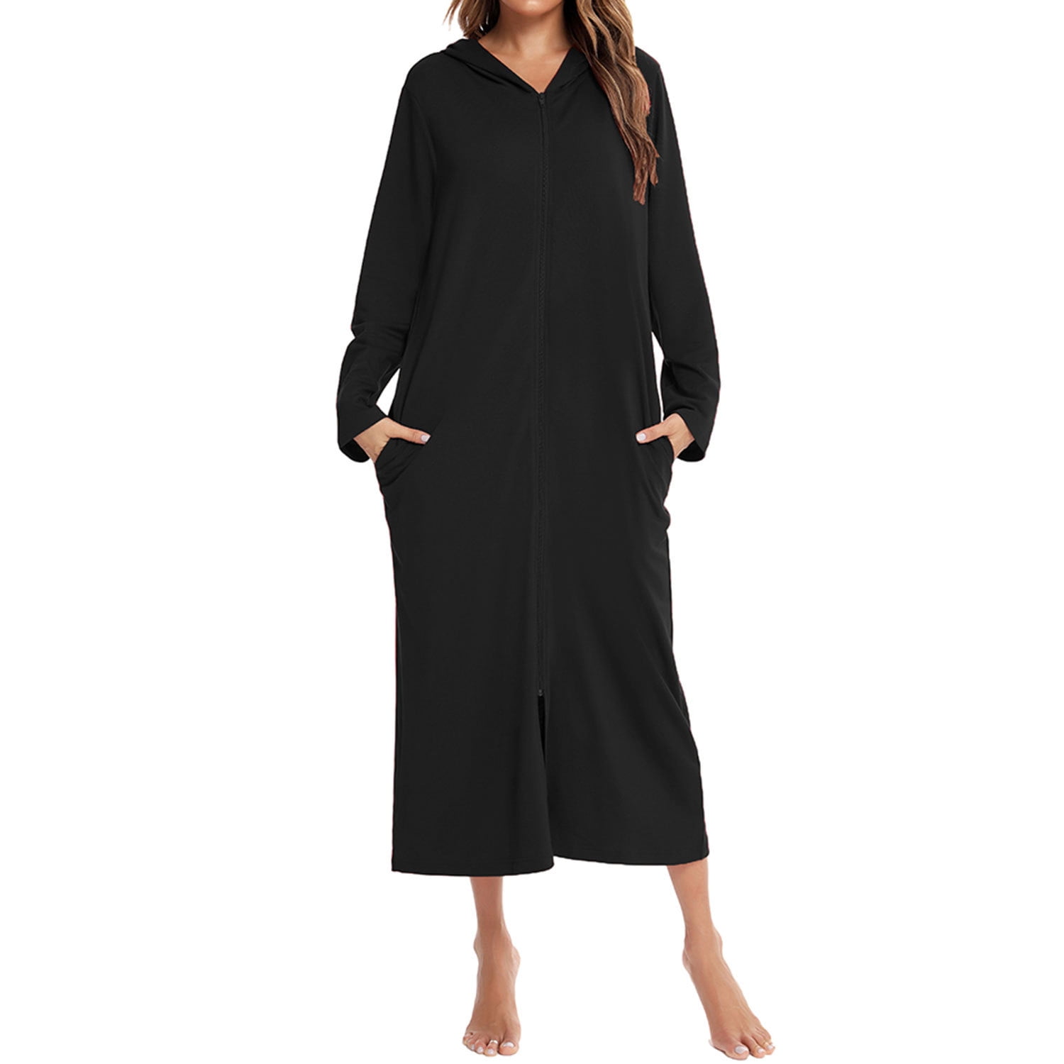 Defitshape Women's Zipper Front Robe Full Length Hooded Bathrobe Zip Up ...