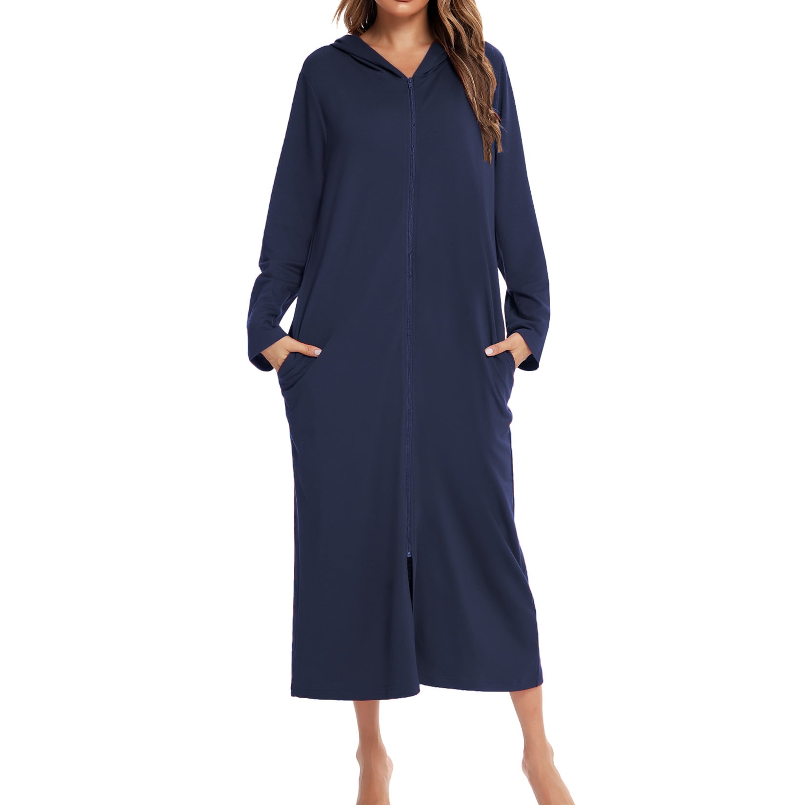 Defitshape Women's Zipper Front Robe Full Length Hooded Bathrobe Zip Up ...