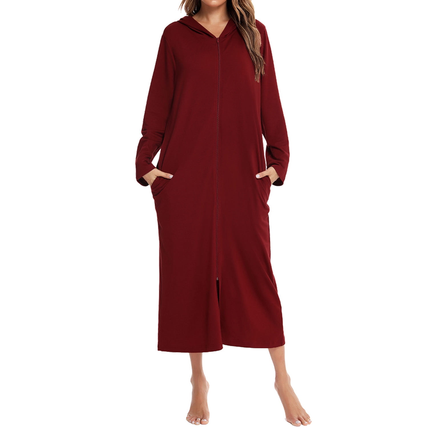 Defitshape Women's Zipper Front Robe Full Length Hooded Bathrobe Zip Up ...
