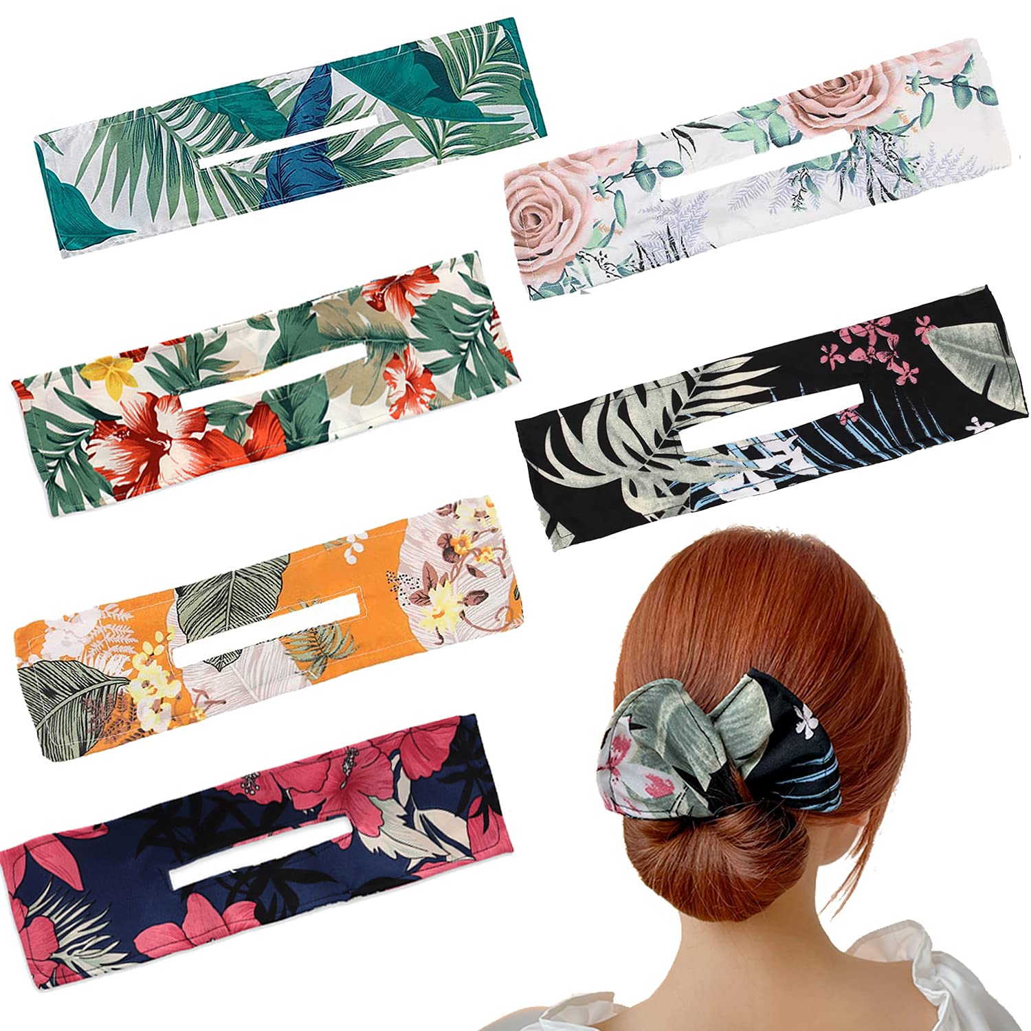 Deft Bun for Hair, Adurself 6 PCS Reusable Boho Flower Print Deft Bun ...