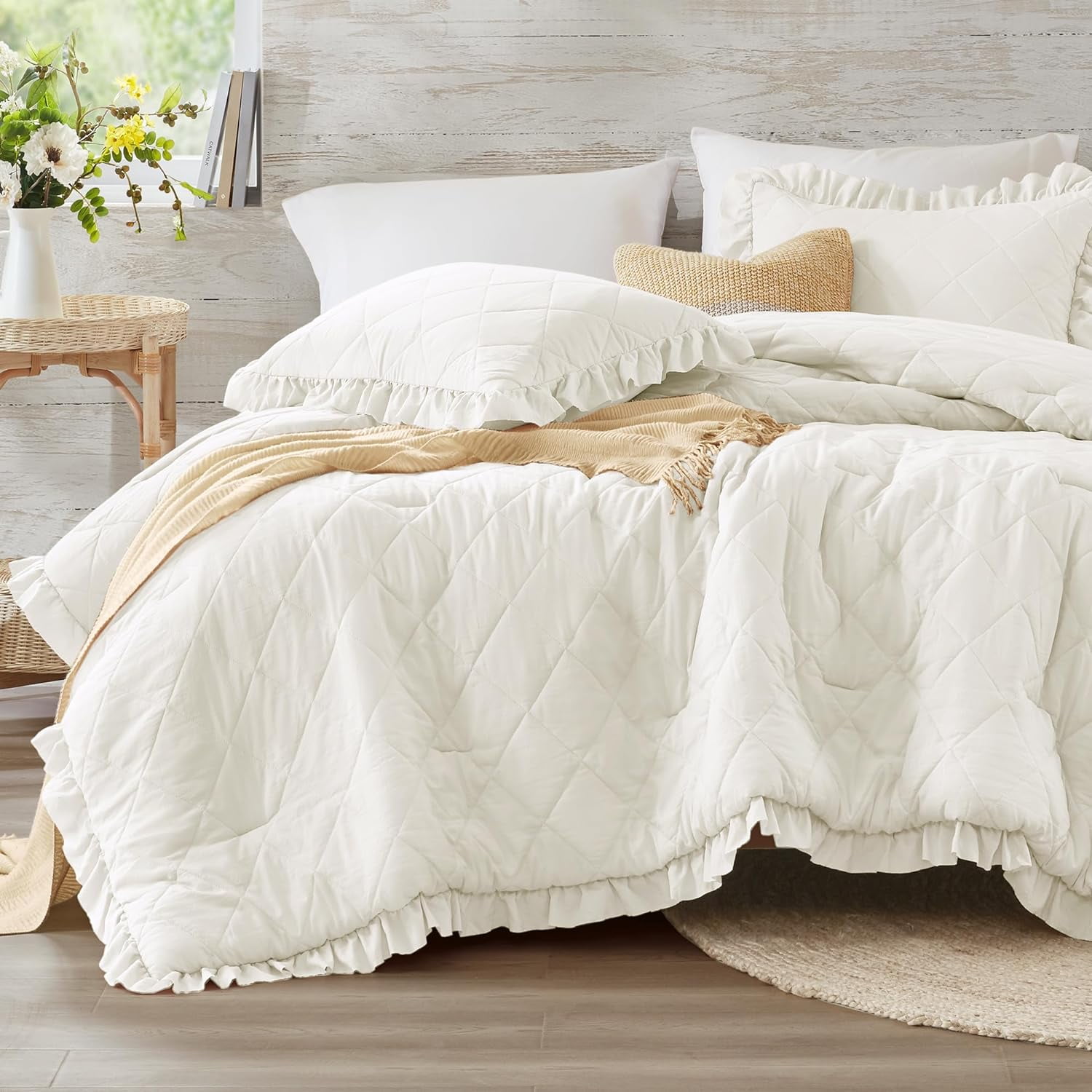 Degrees of Comfort Ivory White Ruffle Bedding Set, Shabby Chic ...