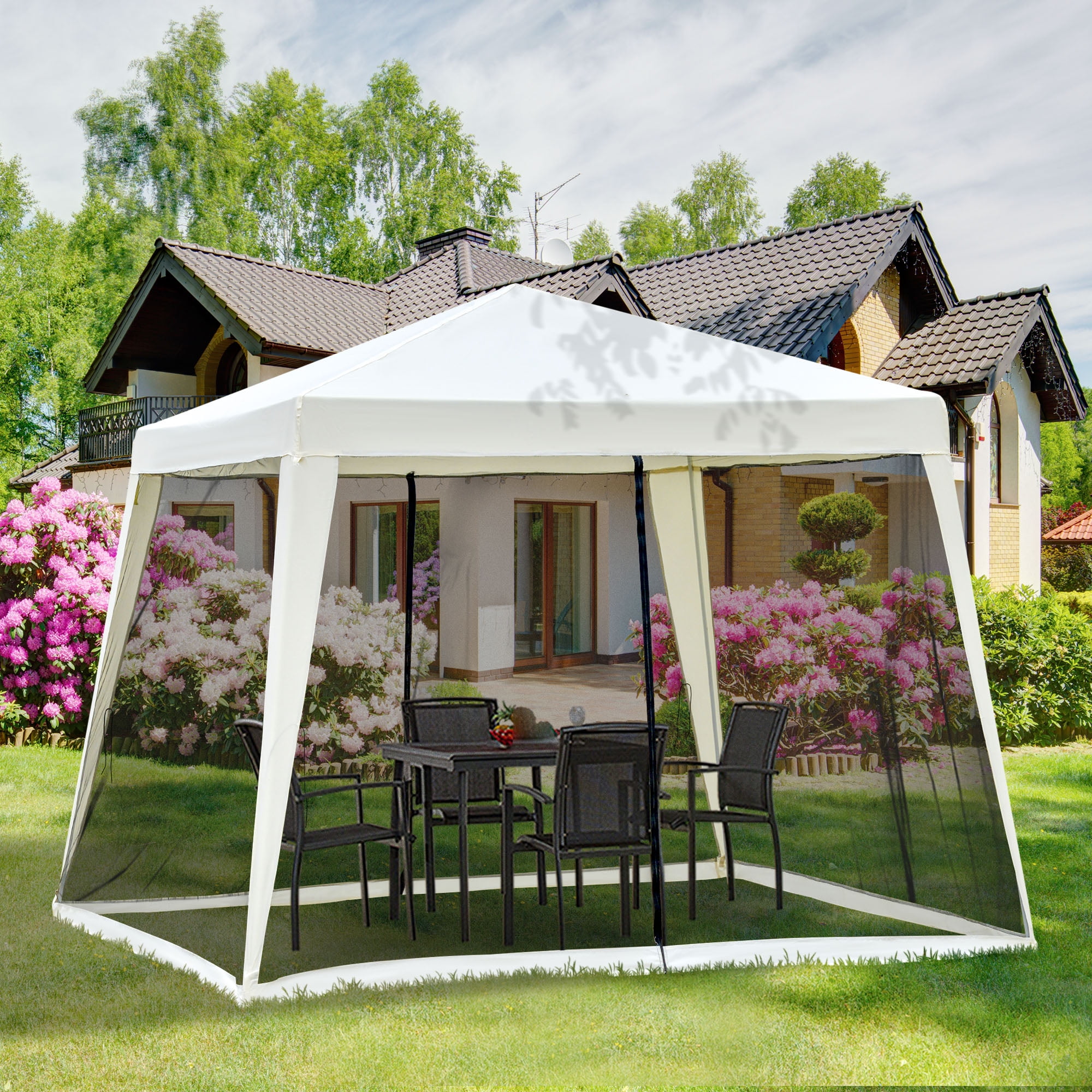 Dejiavue 10'x10' Outdoor Canopy Tent, Slant Leg Sun Shelter with Mesh ...