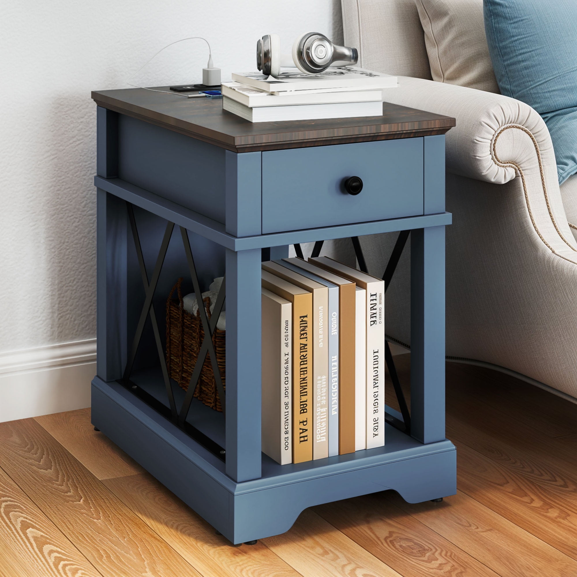 Dejiavue 16" End Tables Living Room, Farmhouse End Table with Charging ...