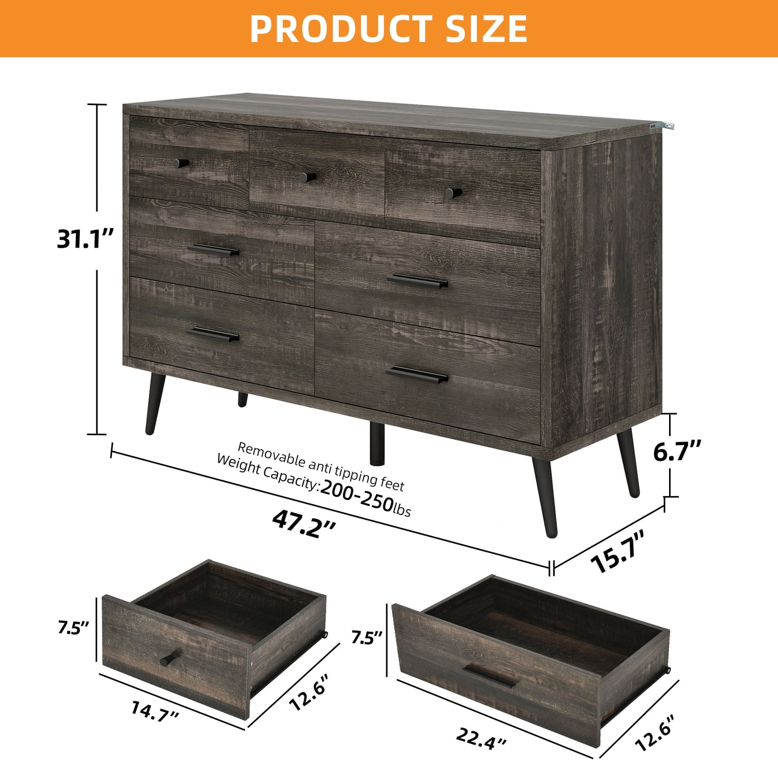 Dejiavue 7 Drawer Dresser, 47" W Large Double Dresser Chest of Drawers ...