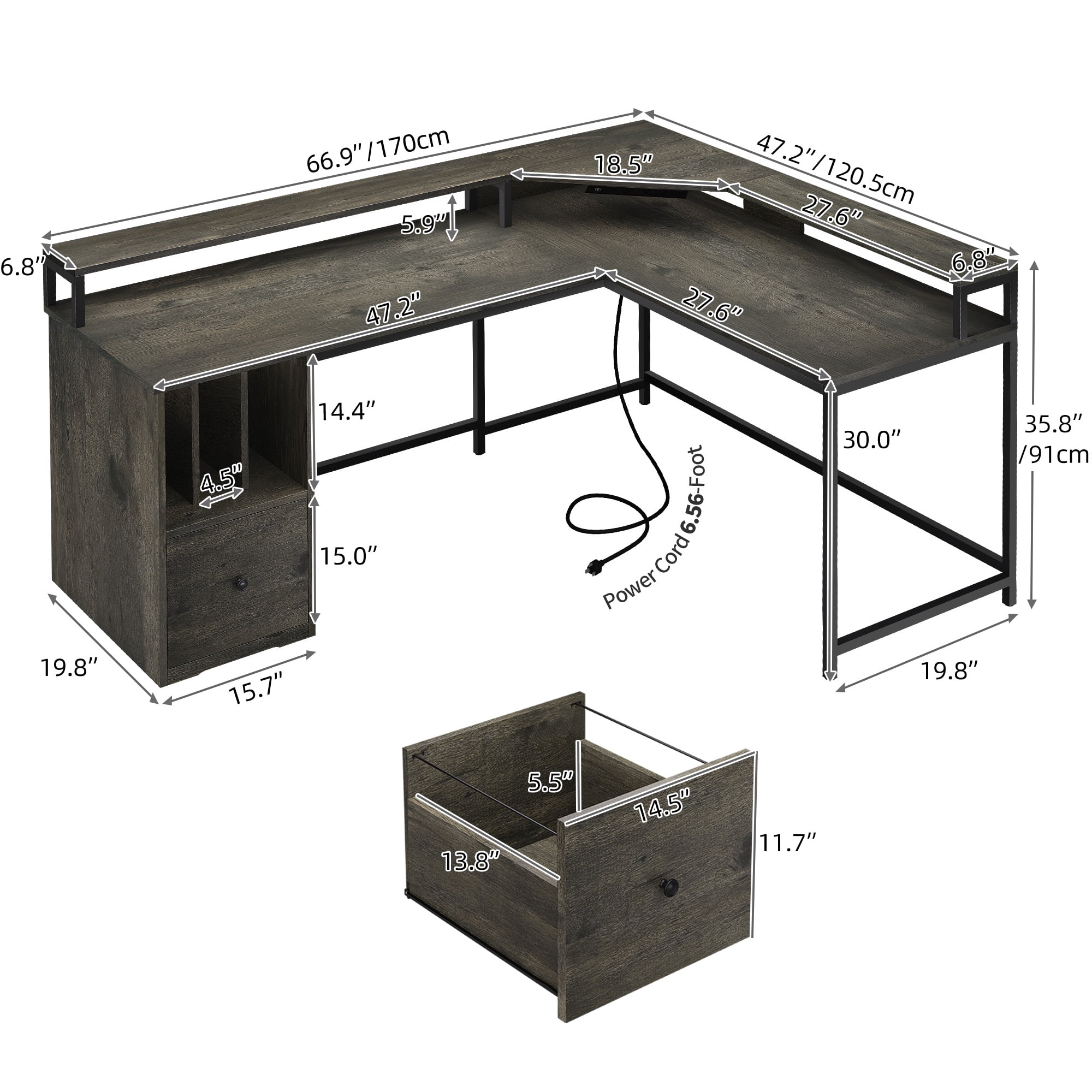 Dejiavue L Shaped Desk with Drawer & 3 Cubbies Storage Shelves, 67 ...