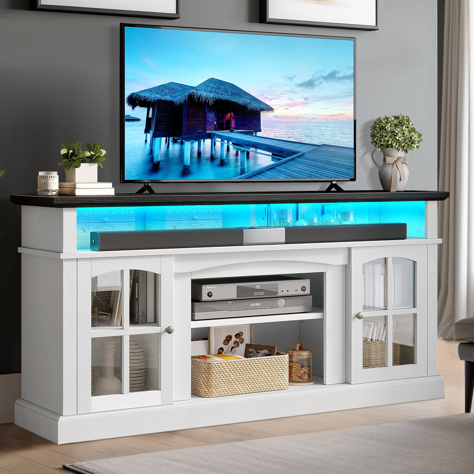 Dejiavue LED Modern TV Stand for 65 Inch w/Outlets, Farmhouse ...