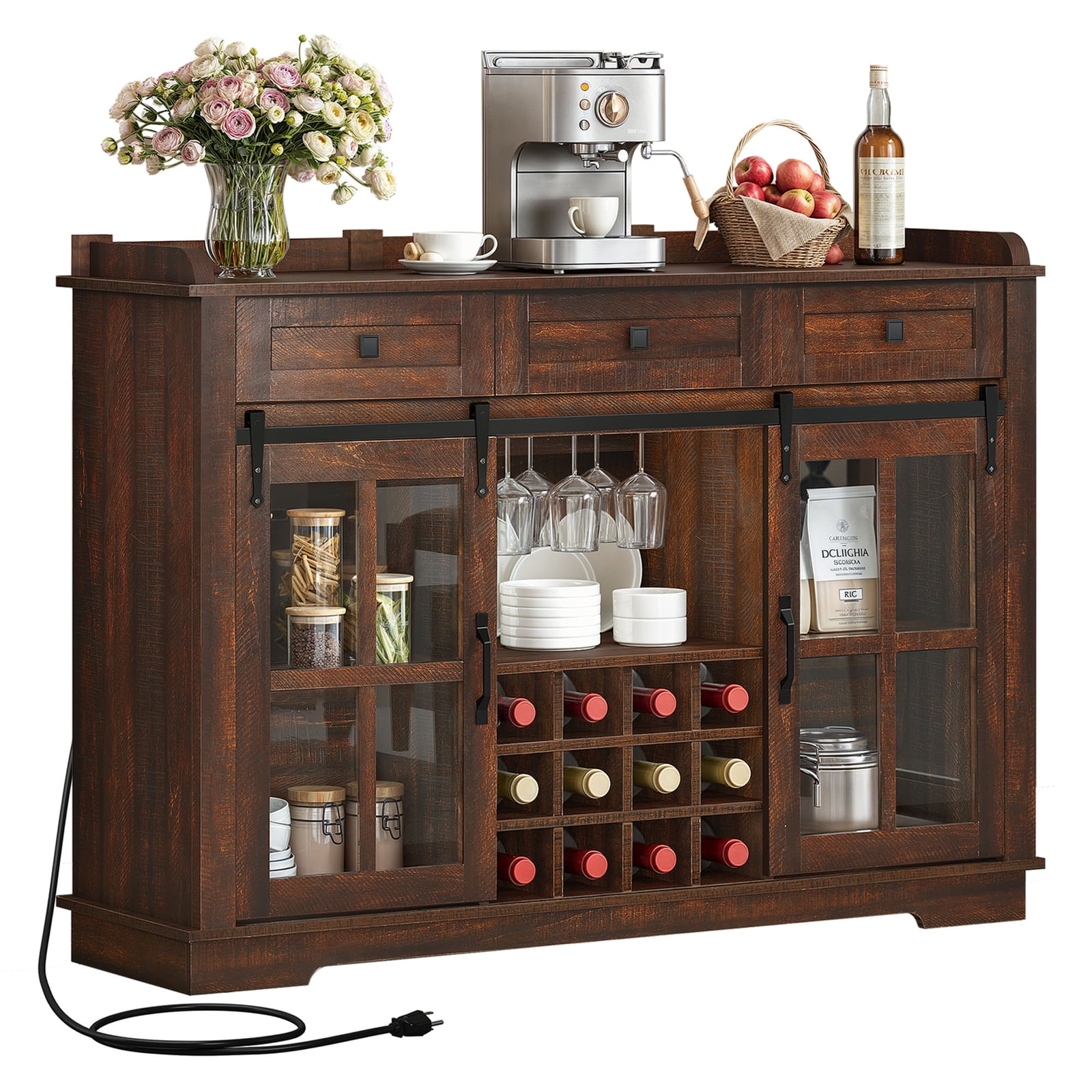 Dejiavue Wine Bar Cabinet with Power Outlet, Farmhouse Home Bar Cabinet ...