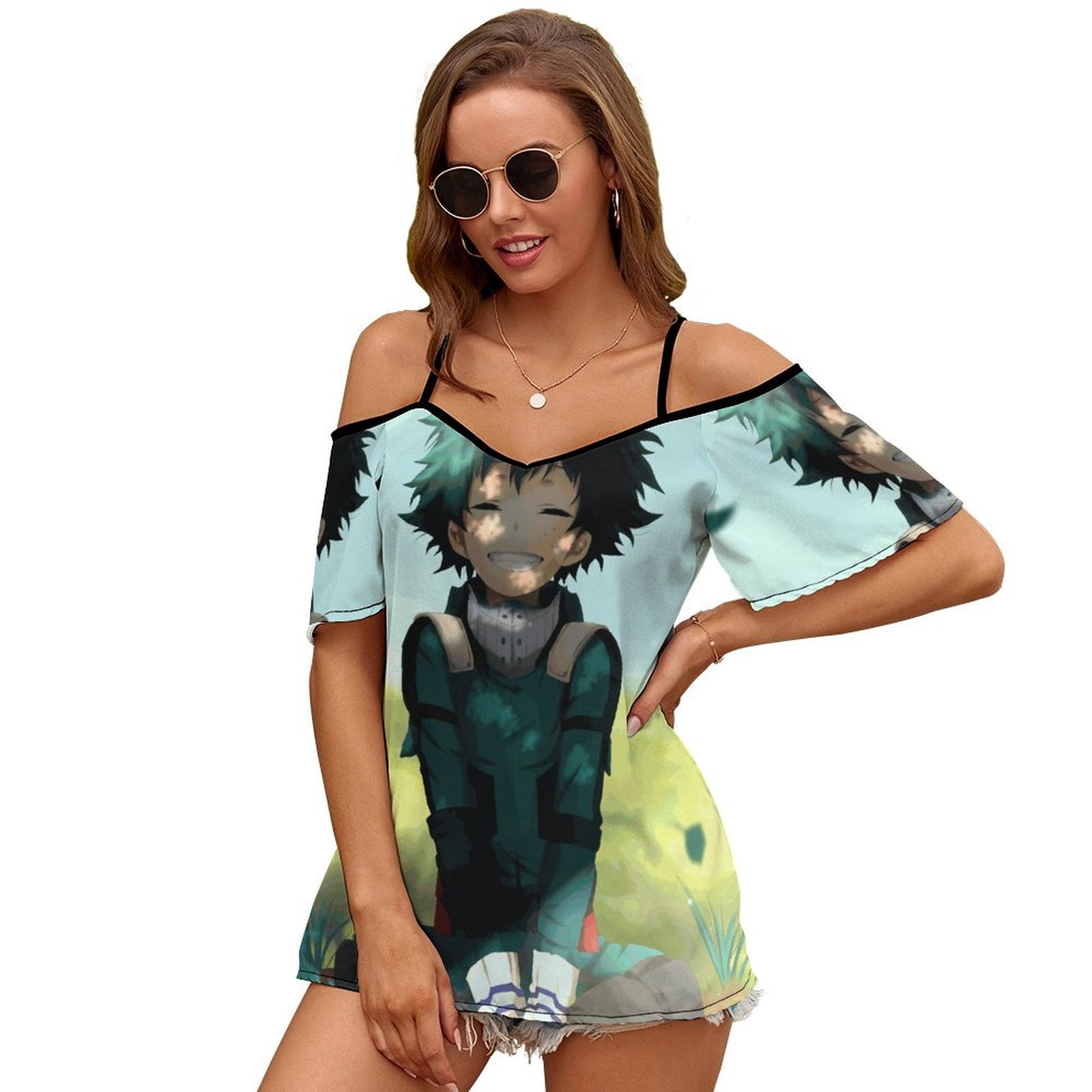 Deku Izuku My Hero Academia Cold Shoulder T-Shirt For Womens Short ...