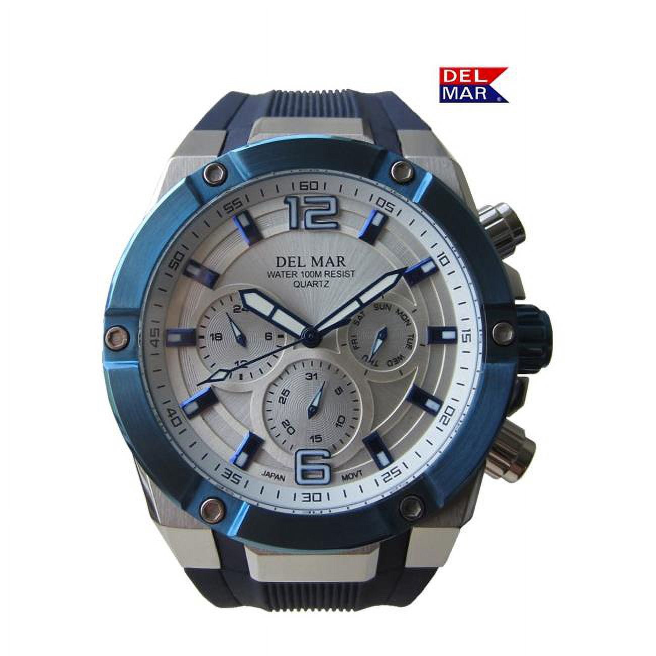 Del Mar Watches 50395 Men's White Dial & Blue Bezel Multi-function ...