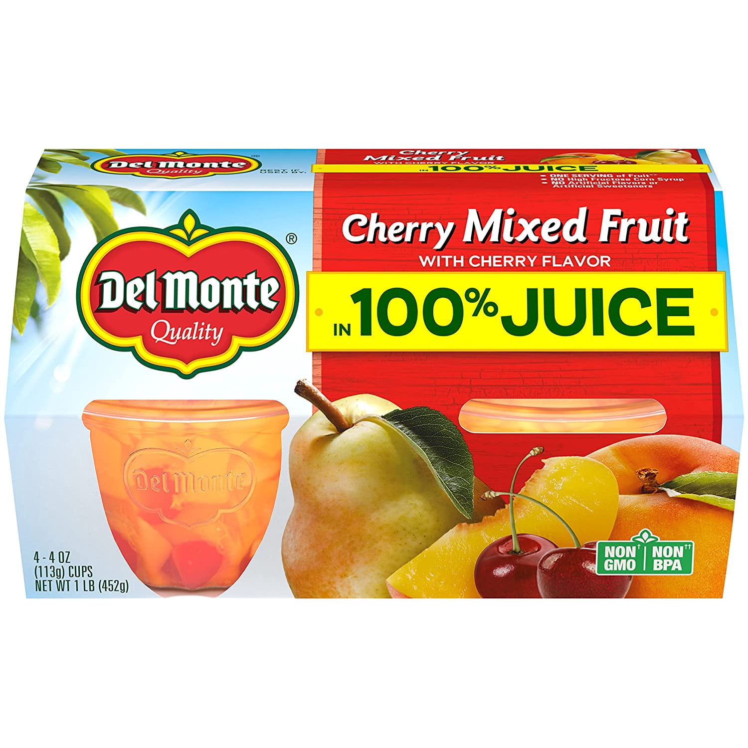 Del Monte Cherry Mixed Fruit In Juice, Cherry Flavor, 4 Oz, 4 Ct ...