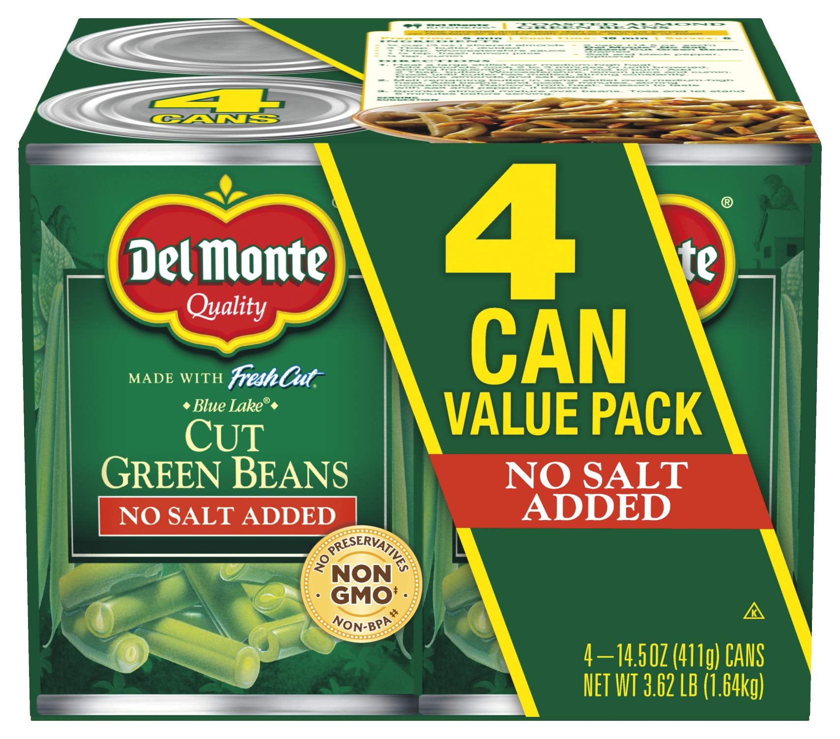 Del Monte Cut Blue Lake Green Beans KMC2With No Added Salt 14.5 Oz ...