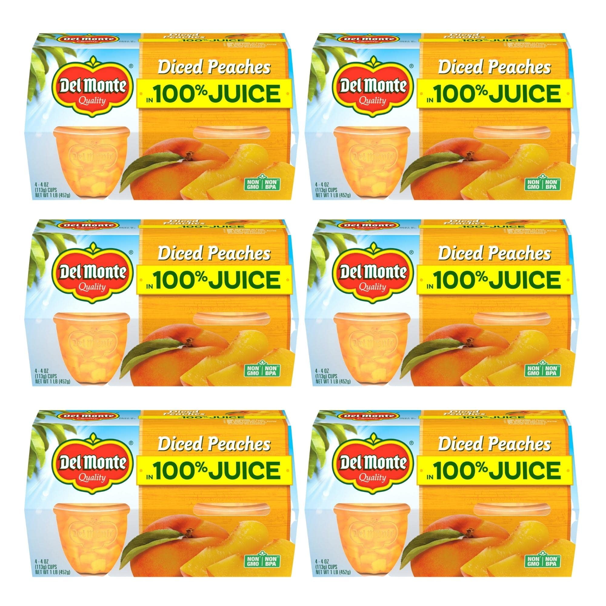 Del Monte Diced Peaches Fruit Cup Snacks In 100% Fruit Juice, 24 Pack ...