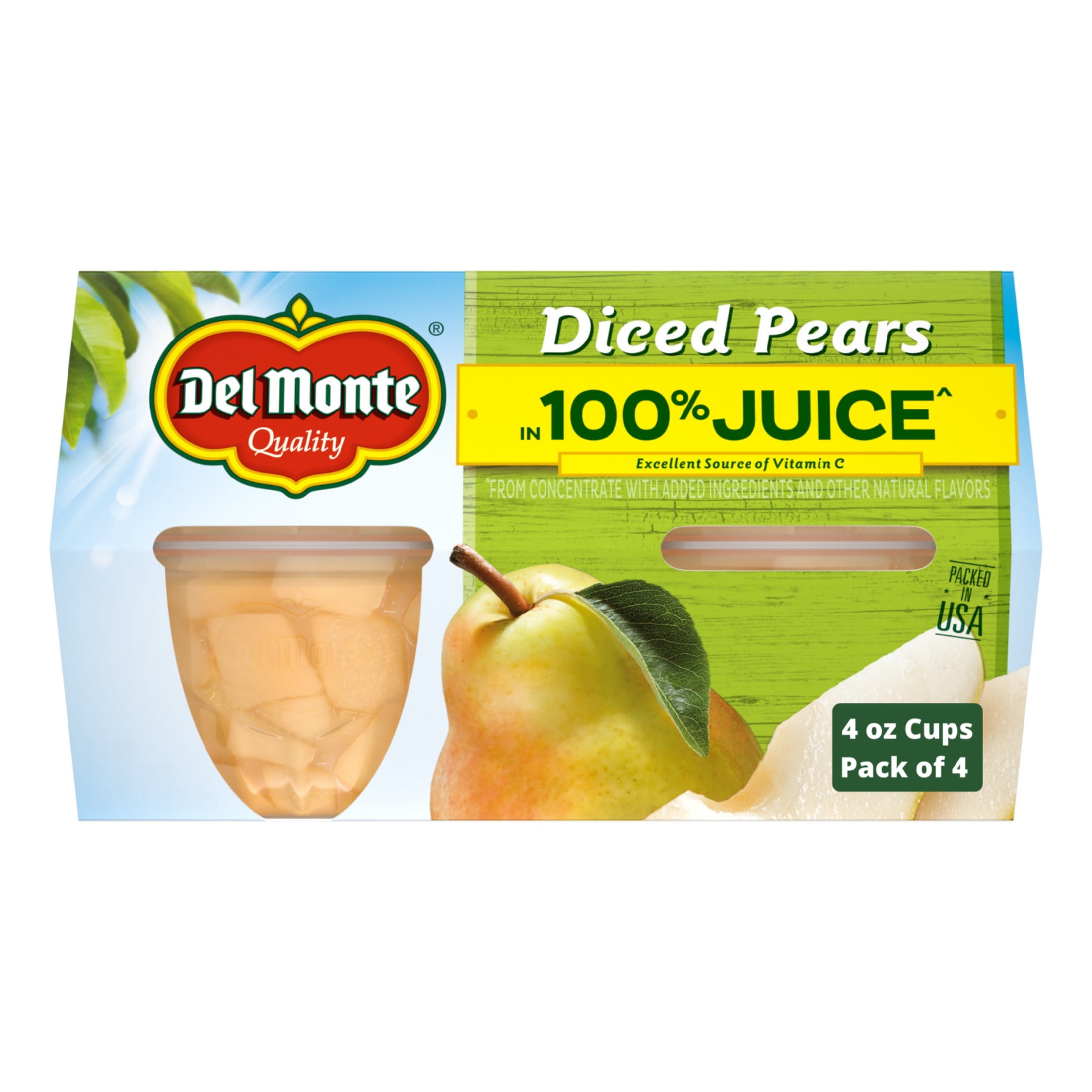 Del Monte Diced Pears Fruit Cup Snacks, 4 oz (Pack of 4) - Walmart.com