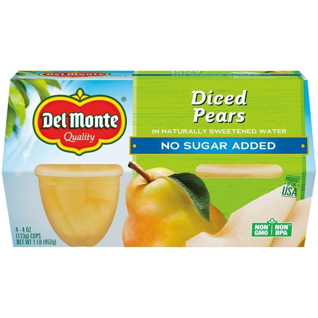 Del Monte Diced Pears Fruit Cup Snacks No Sugar Added 4 oz (4 Cups ...