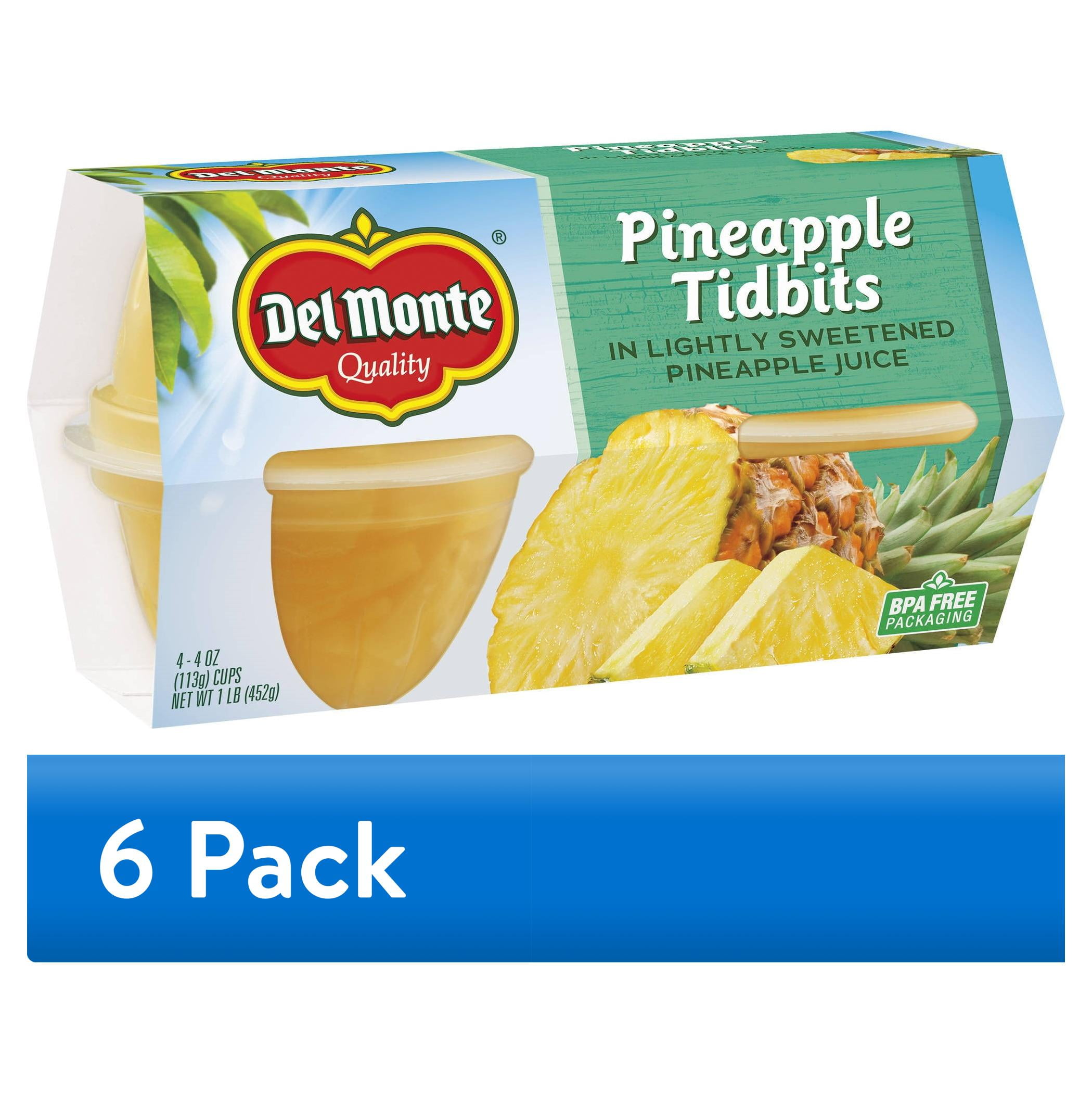 (6 pack) Del Monte Pineapple Tidbits in 100% Juice Fruit Cup Snacks 4 ...