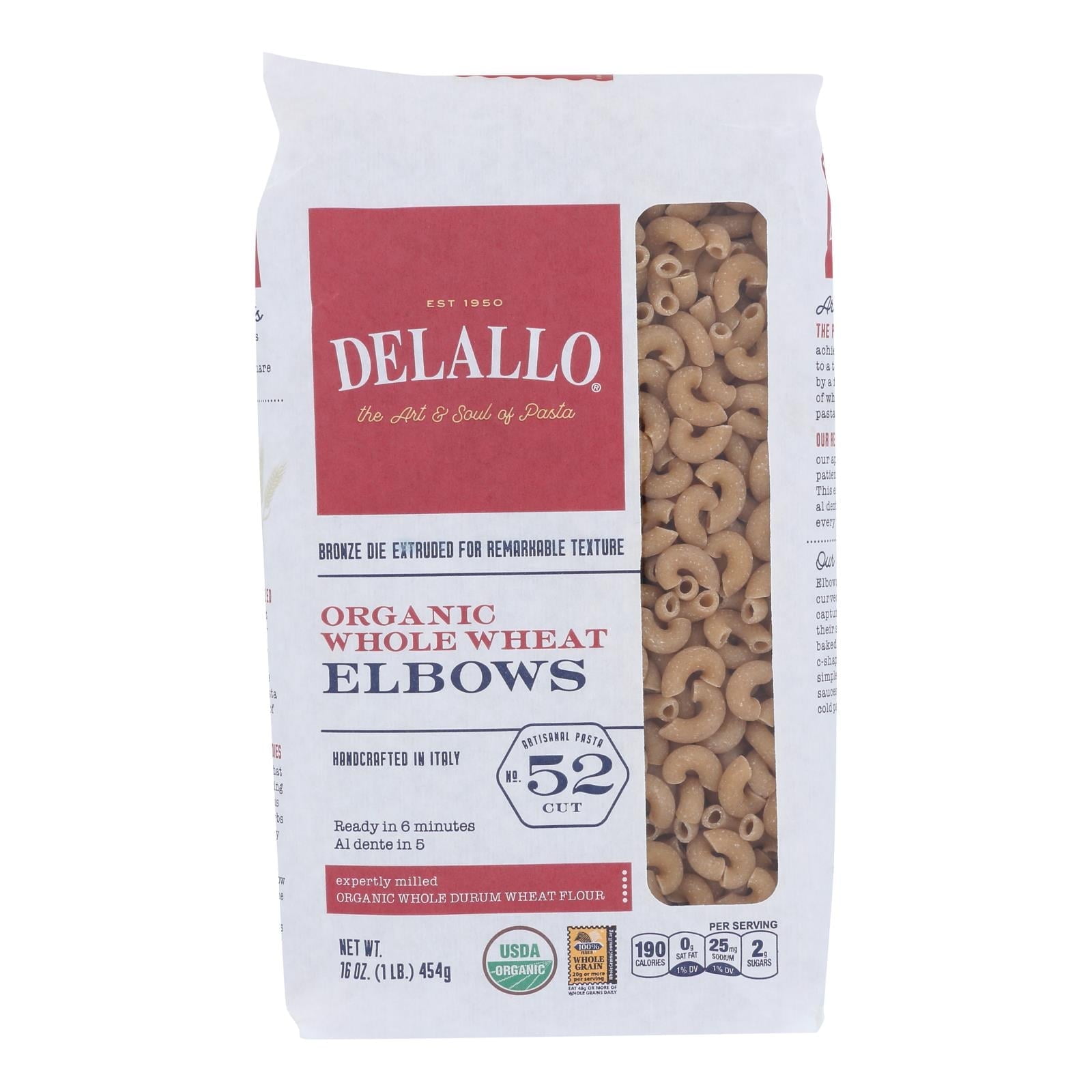 Delallo Organic Whole Wheat Elbows No. 52 Pasta 1 lb - Walmart.com