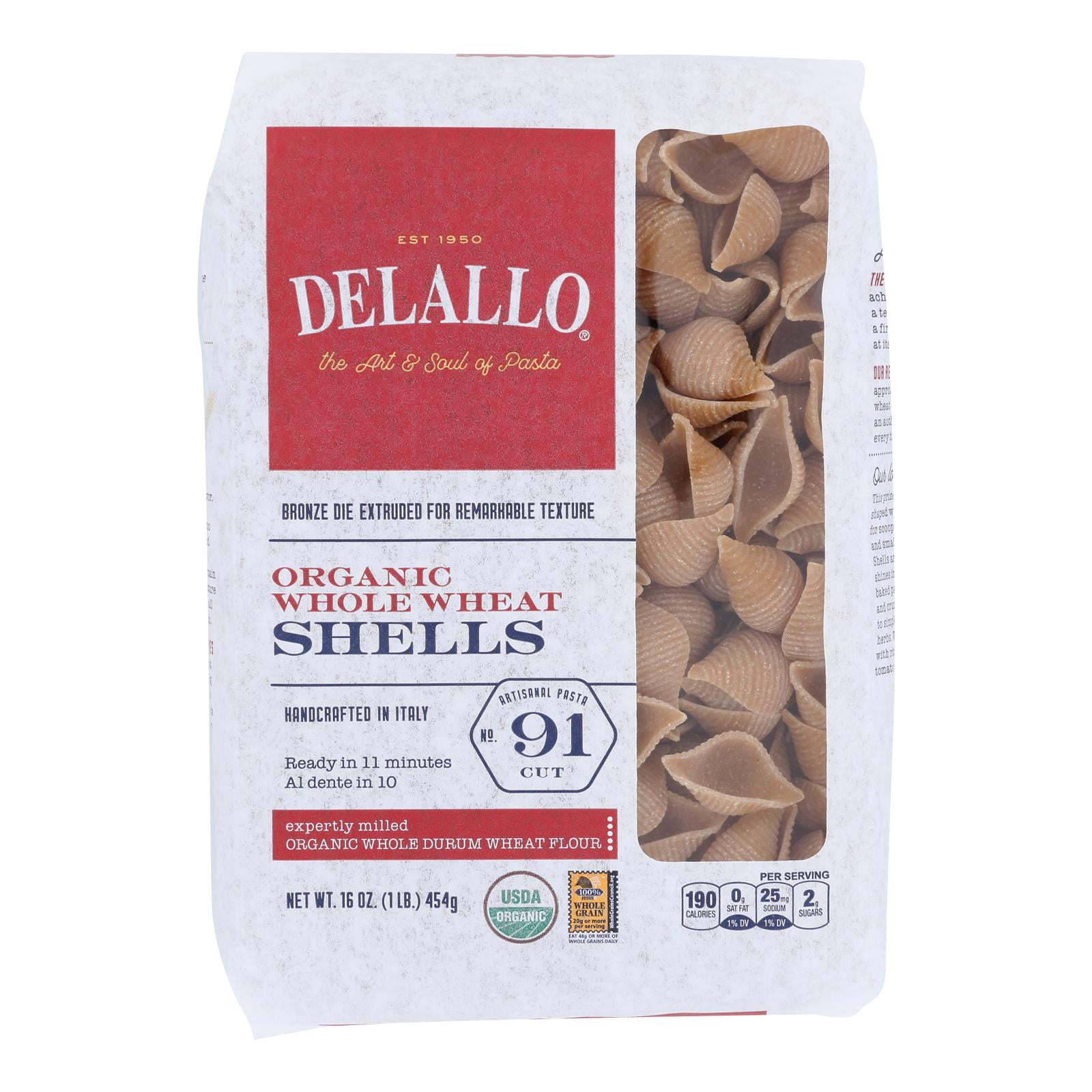 Delallo - Pasta Organic Shells Whole Wheat Number 91 - Case of 8-16 ...