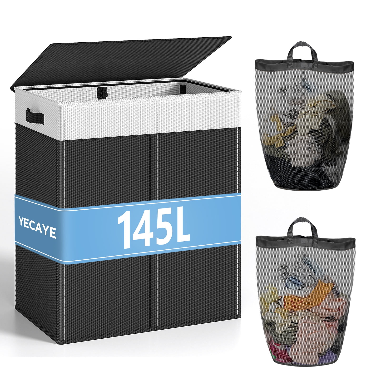 Delamu Laundry Basket with Lid, 145l Hamper with 2 Detachable Mesh ...