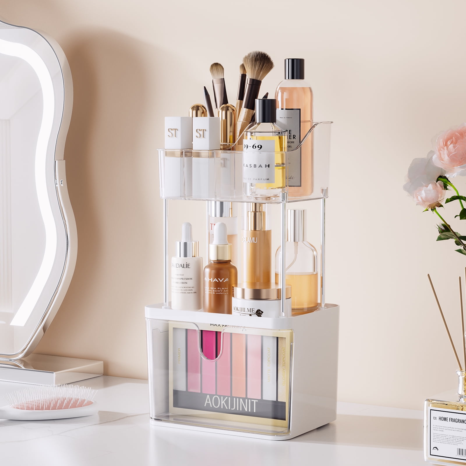 DELAMU 2 Layer Makeup Organizer with Drawer, Makeup Storage Bathroom ...