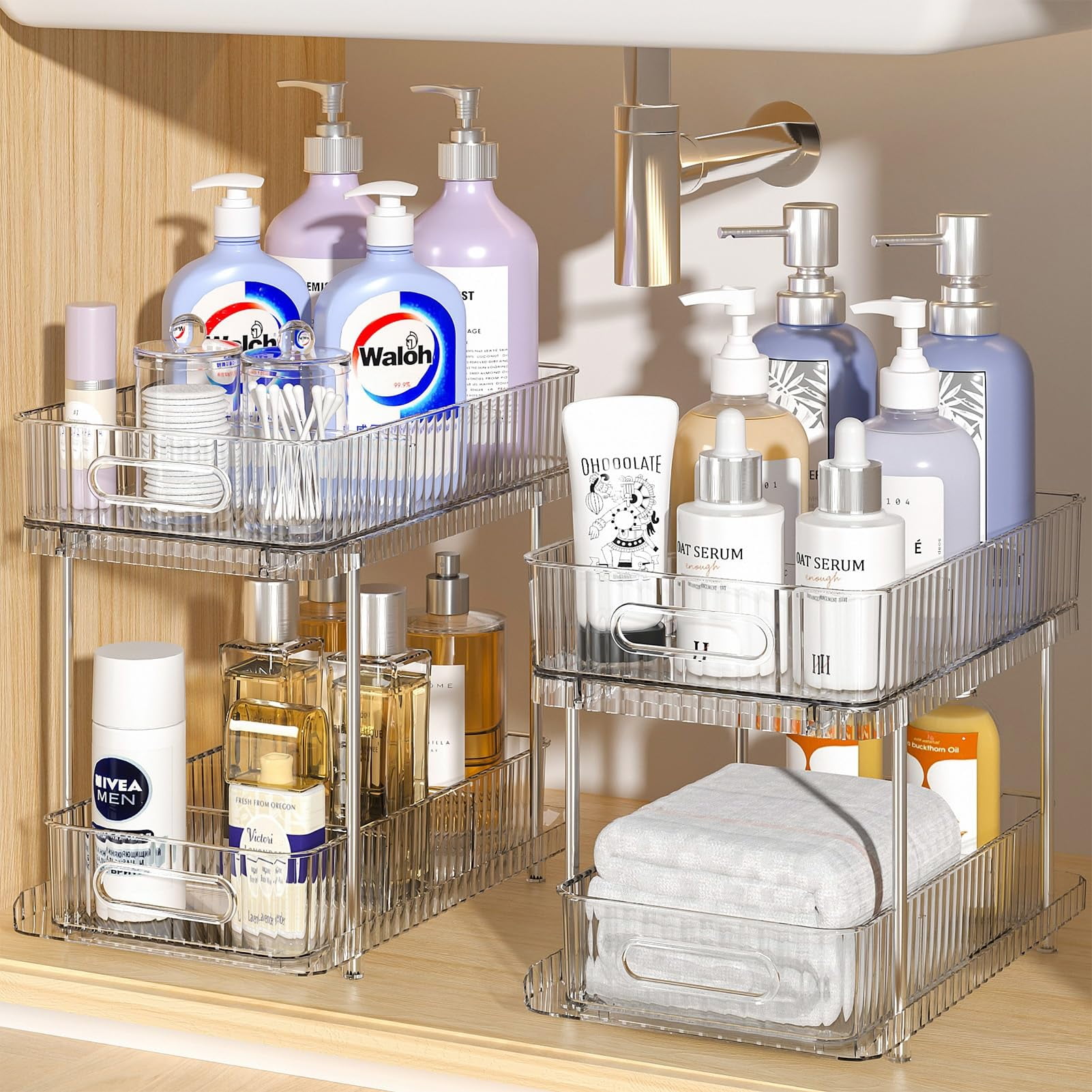 Delamu 2 Pack Bathroom Under Sink Organizers and Storage, Snap-Lock Pull Out Bathroom Medicine ...