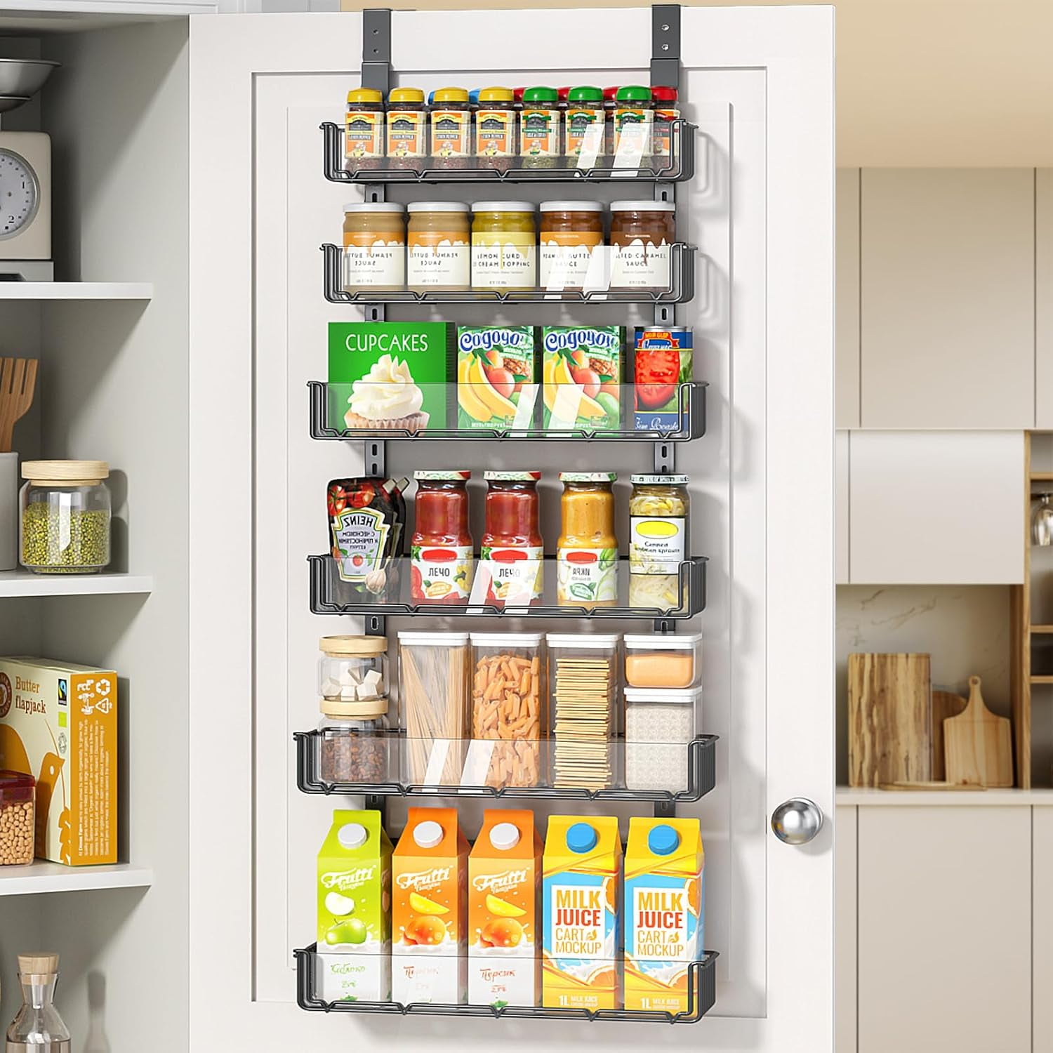 Delamu Adjustable Over the Door Pantry Organizer with Clear Acrylic Panel, 6-Tier Pantry ...