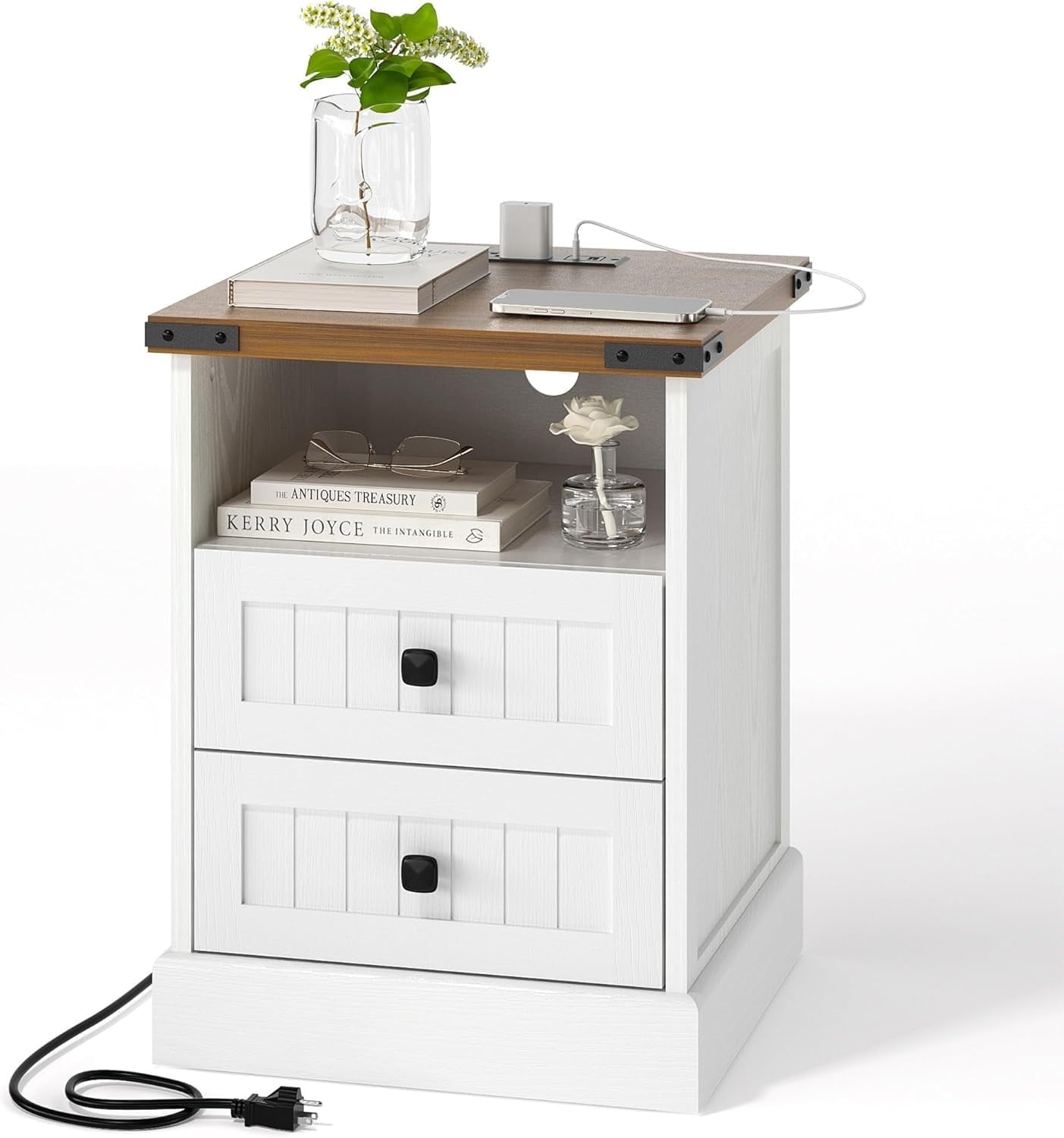 Delamu Farmhouse Night Stand, 18" Bedside Table with 2 Drawers and Charging Station, White ...
