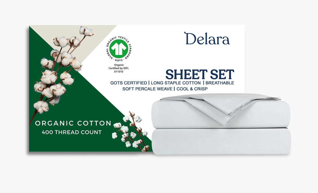 Delara 100% Organic Cotton Percale 400TC Sheet Set, GOTS Certified ...