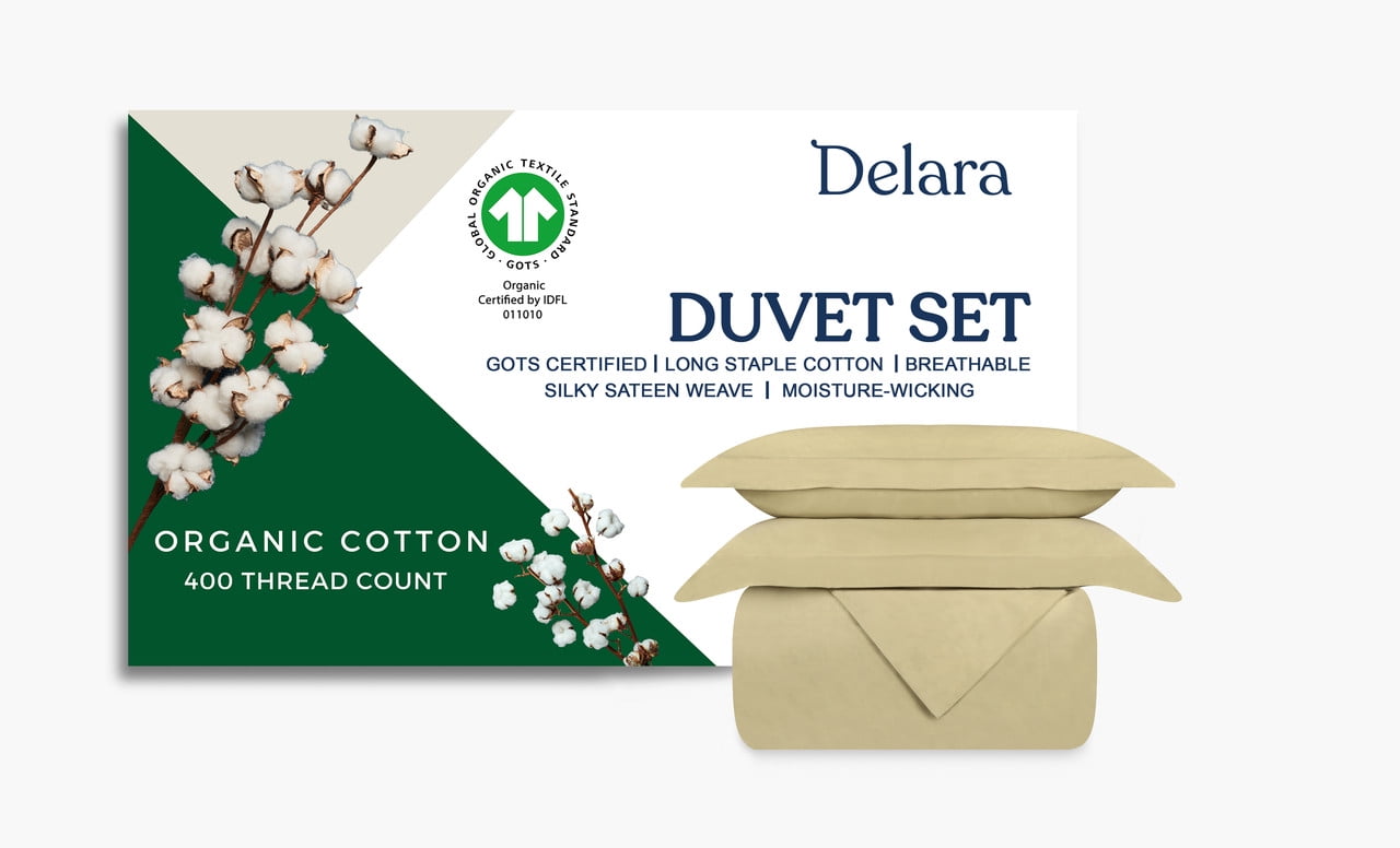 Delara GOTS Certified Organic Cotton Queen Duvet Cover Set, 400TC, Soft ...