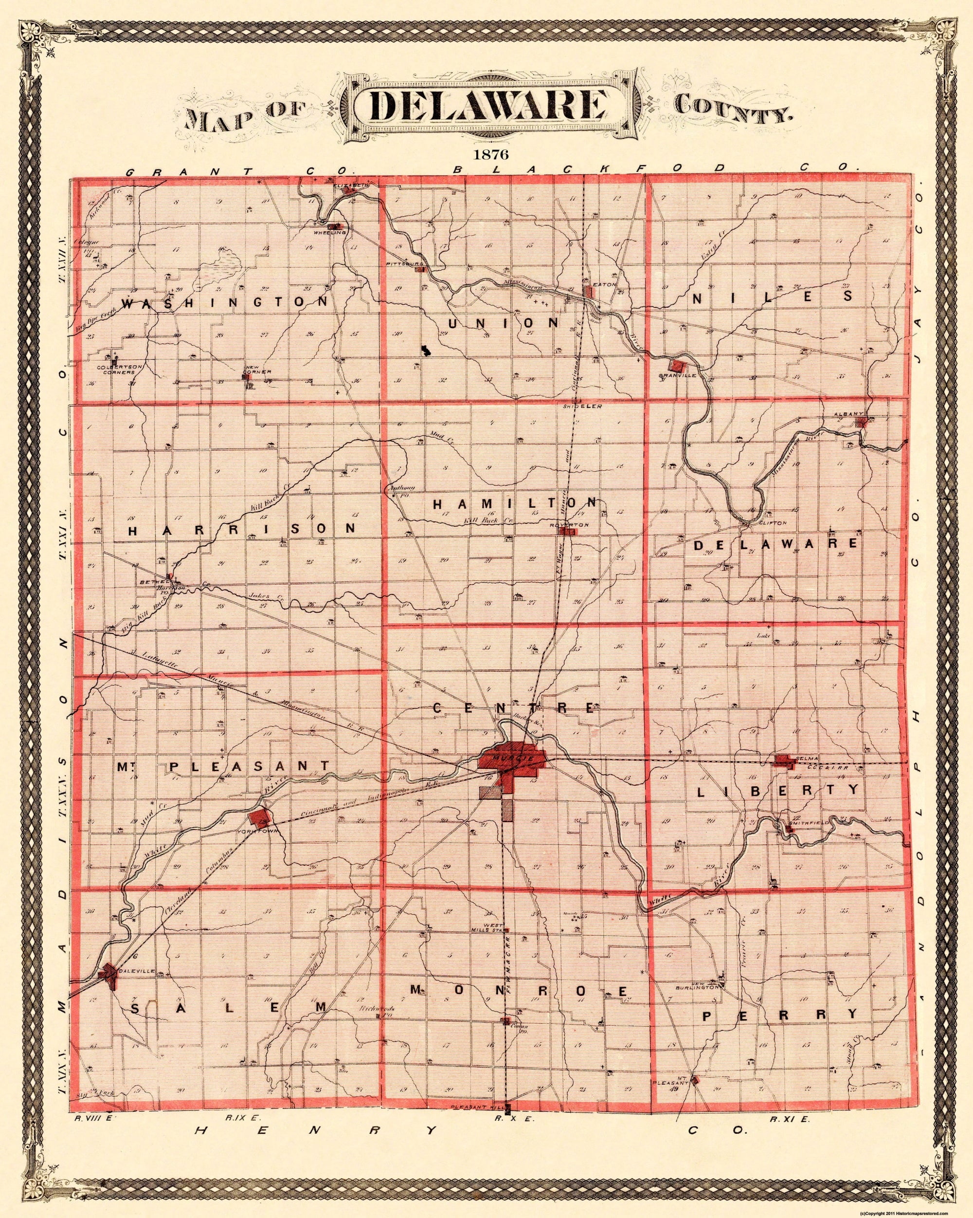 Historic County Map - Delaware Counties Indiana - Andreas 1876 - 23 x ...