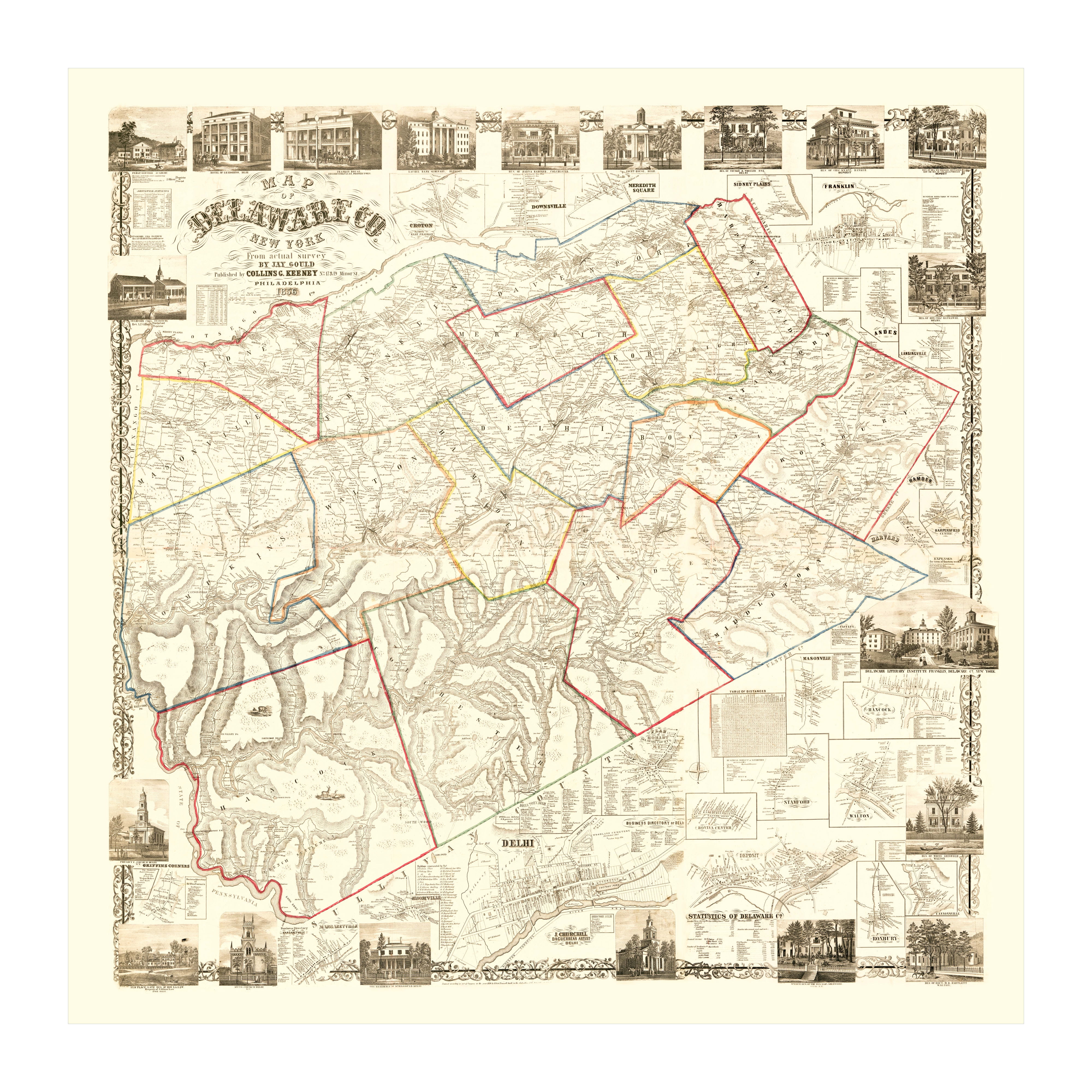 Delaware County New York Art, 1856 Vintage Map of Delaware County NY ...
