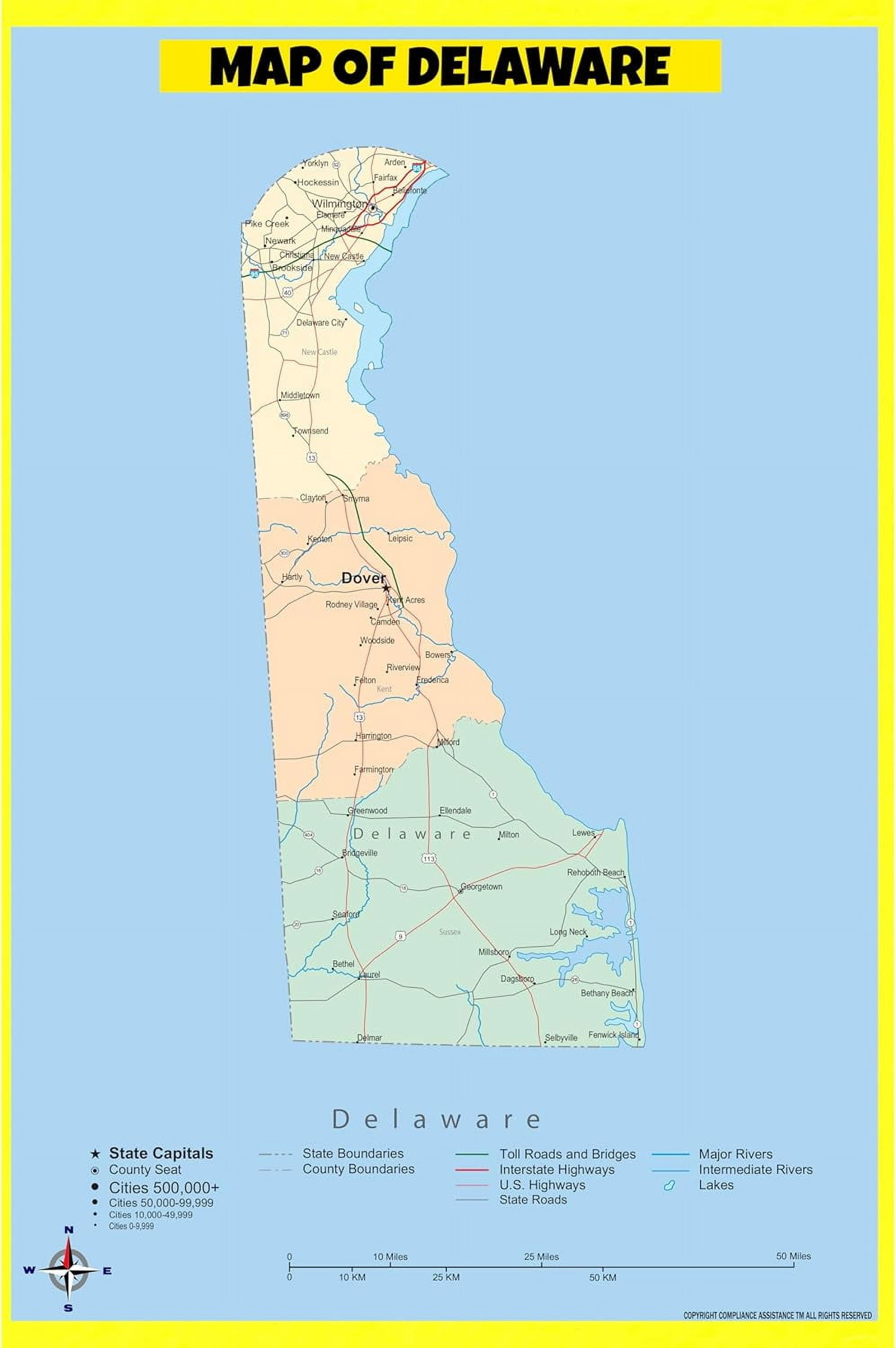 Delaware Map Poster - Laminated Wall Map - Style A - 18x24 - Ideal for ...