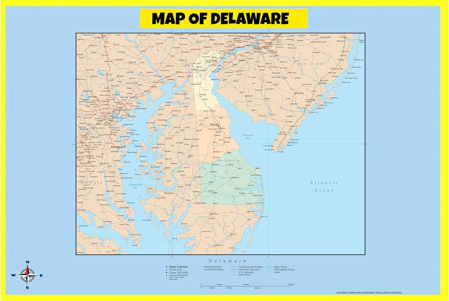 Delaware Map Poster - Laminated Wall Map - Style C - 24x36 - Ideal for ...