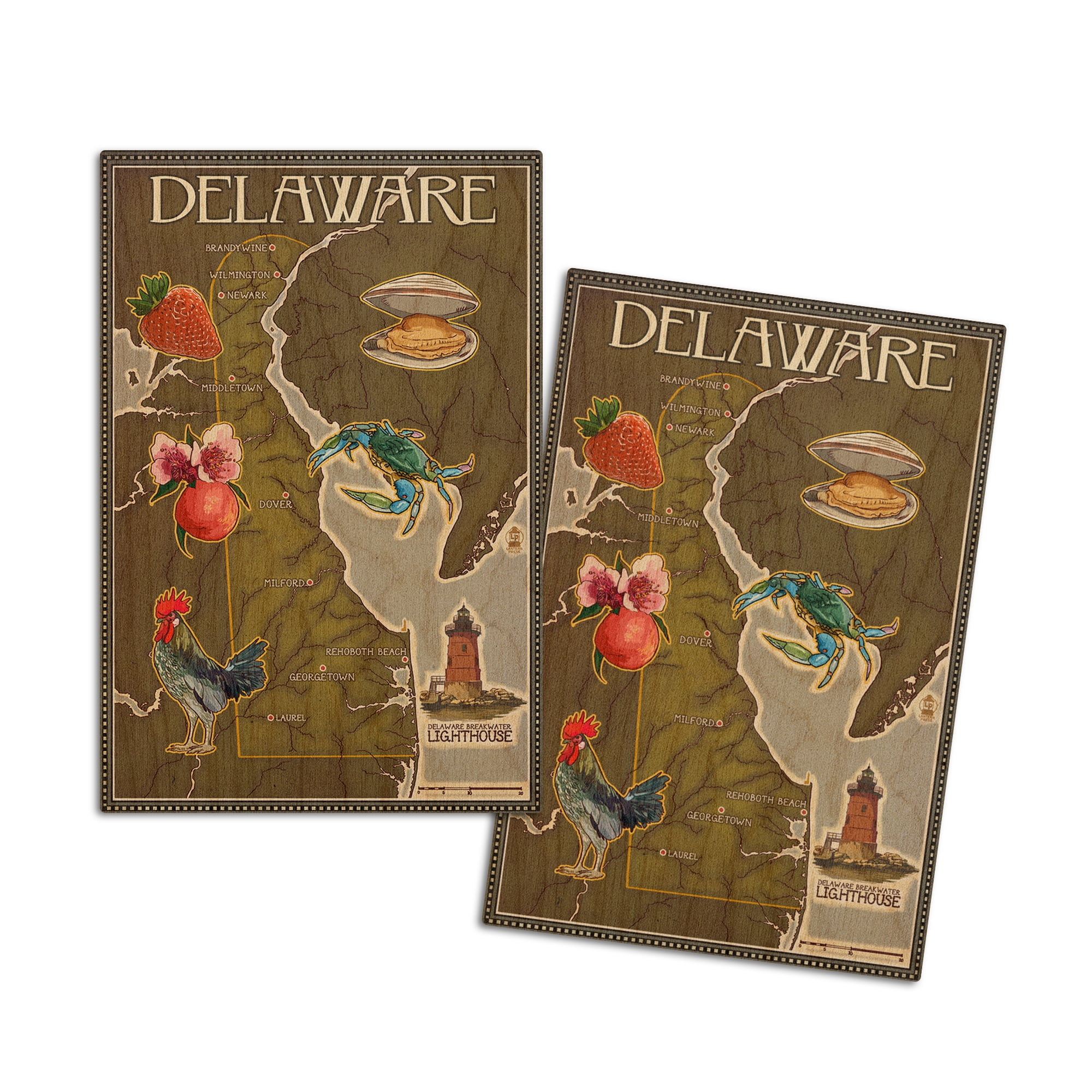 Delaware Map and Icons (4x6 Birch Wood Postcards, 2-Pack Stationary ...